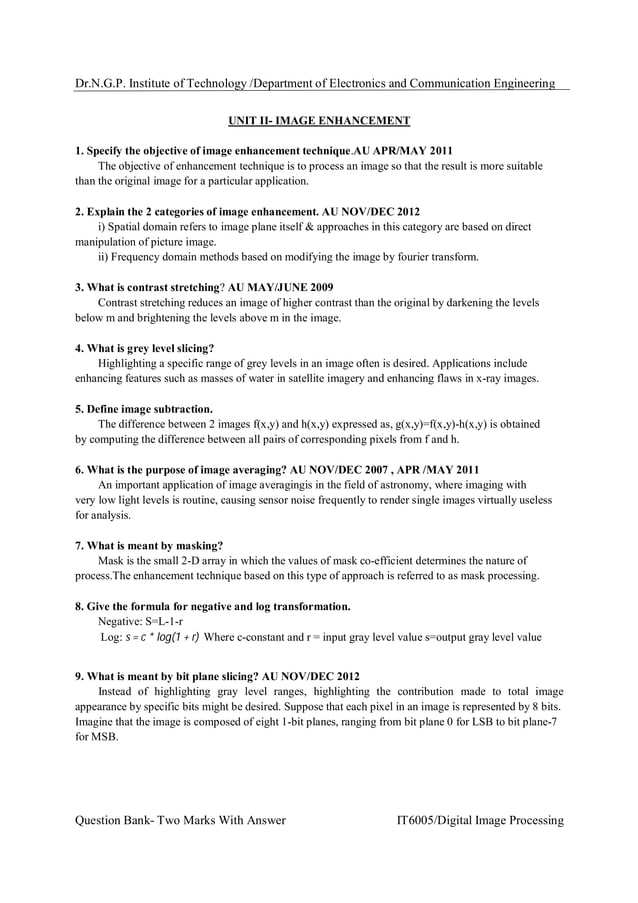 IT6005 digital image processing question bank | PDF