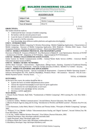 IT6601 Mobile Computing Question Bank-2019 | PDF