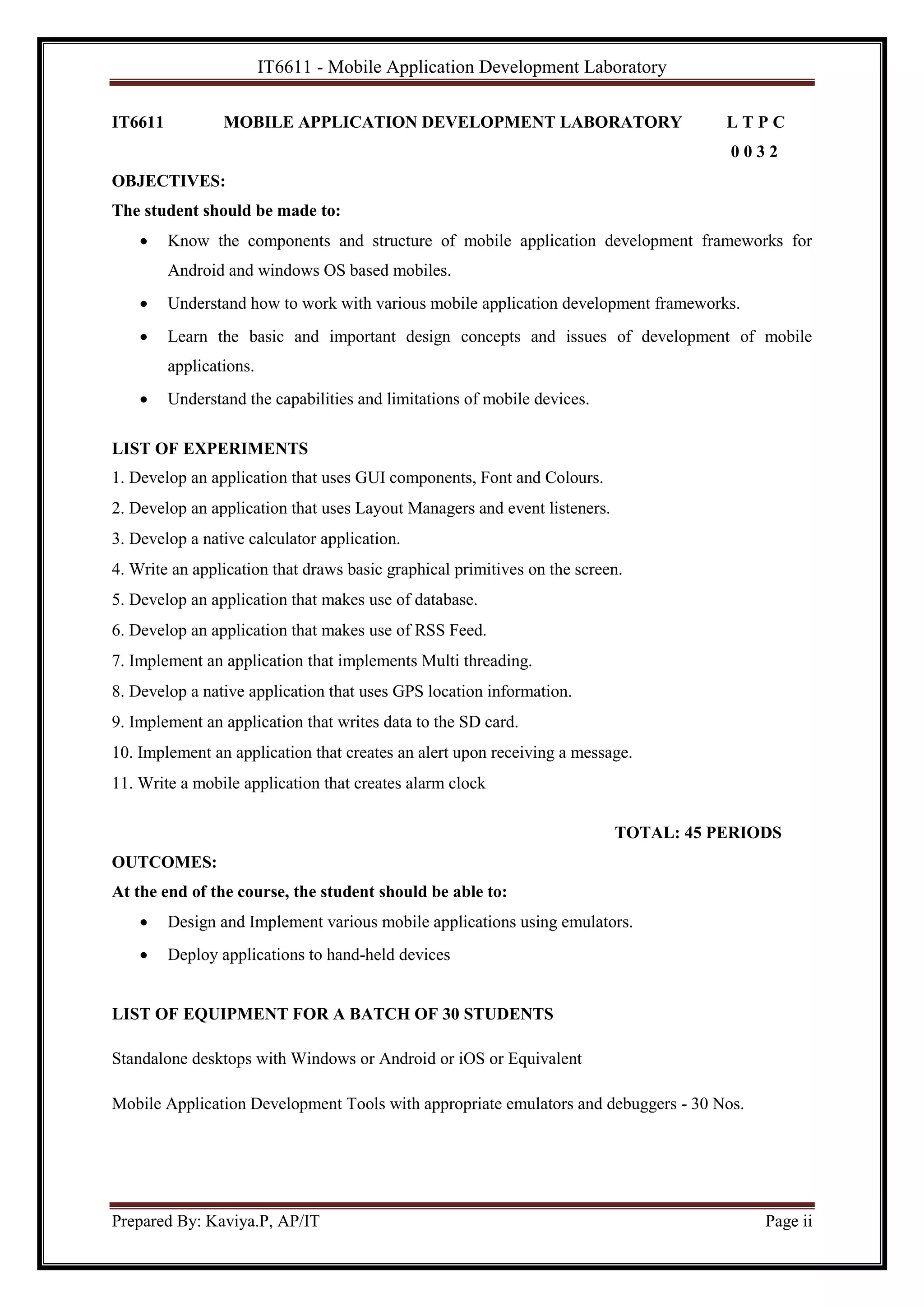 IT6611 Mobile Application Development Lab Manual | PDF