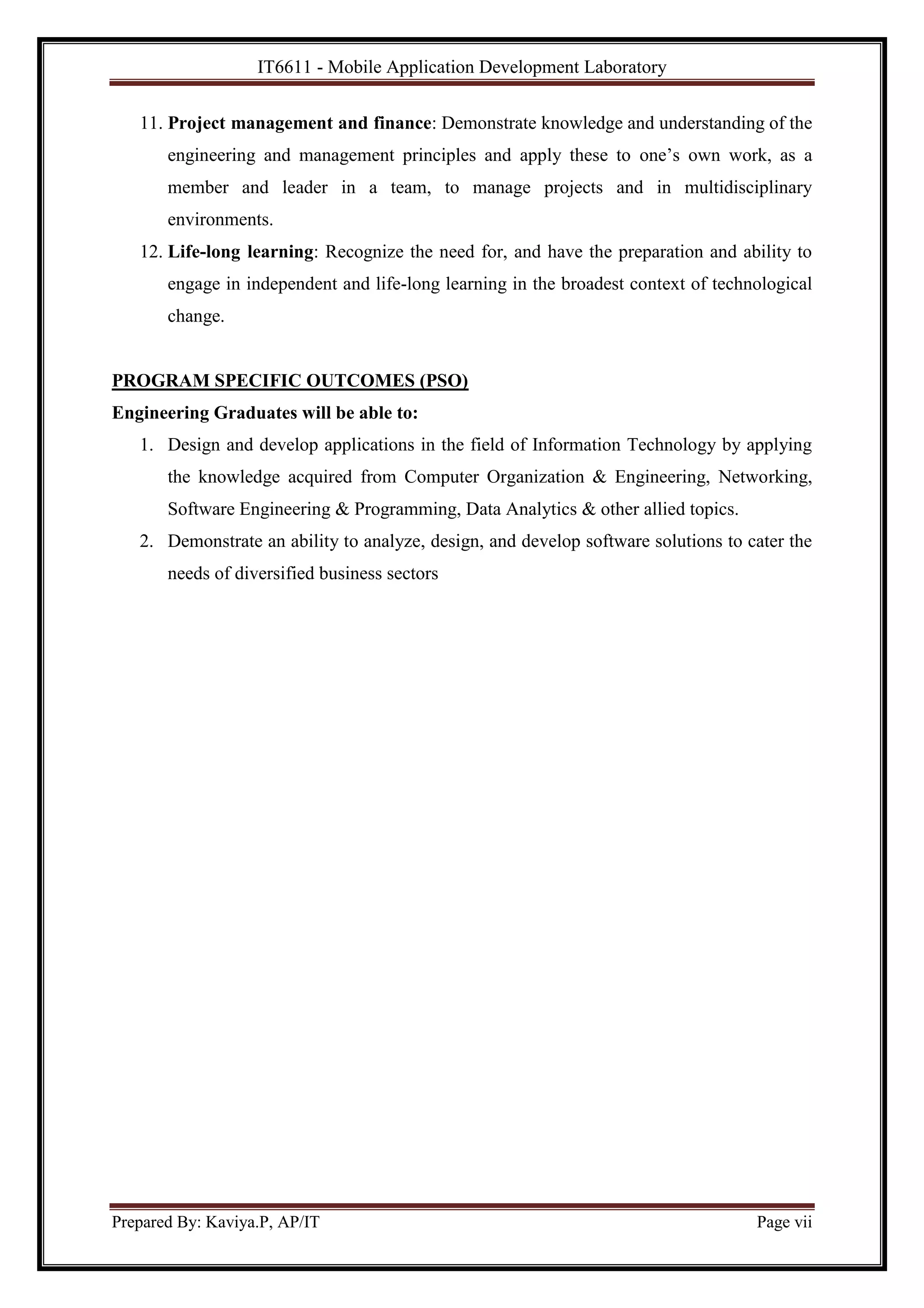 IT6611 Mobile Application Development Lab Manual | PDF