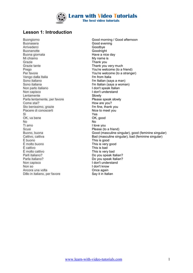 Learn Italian language, Italian course, lesson 1: Introduction | PDF