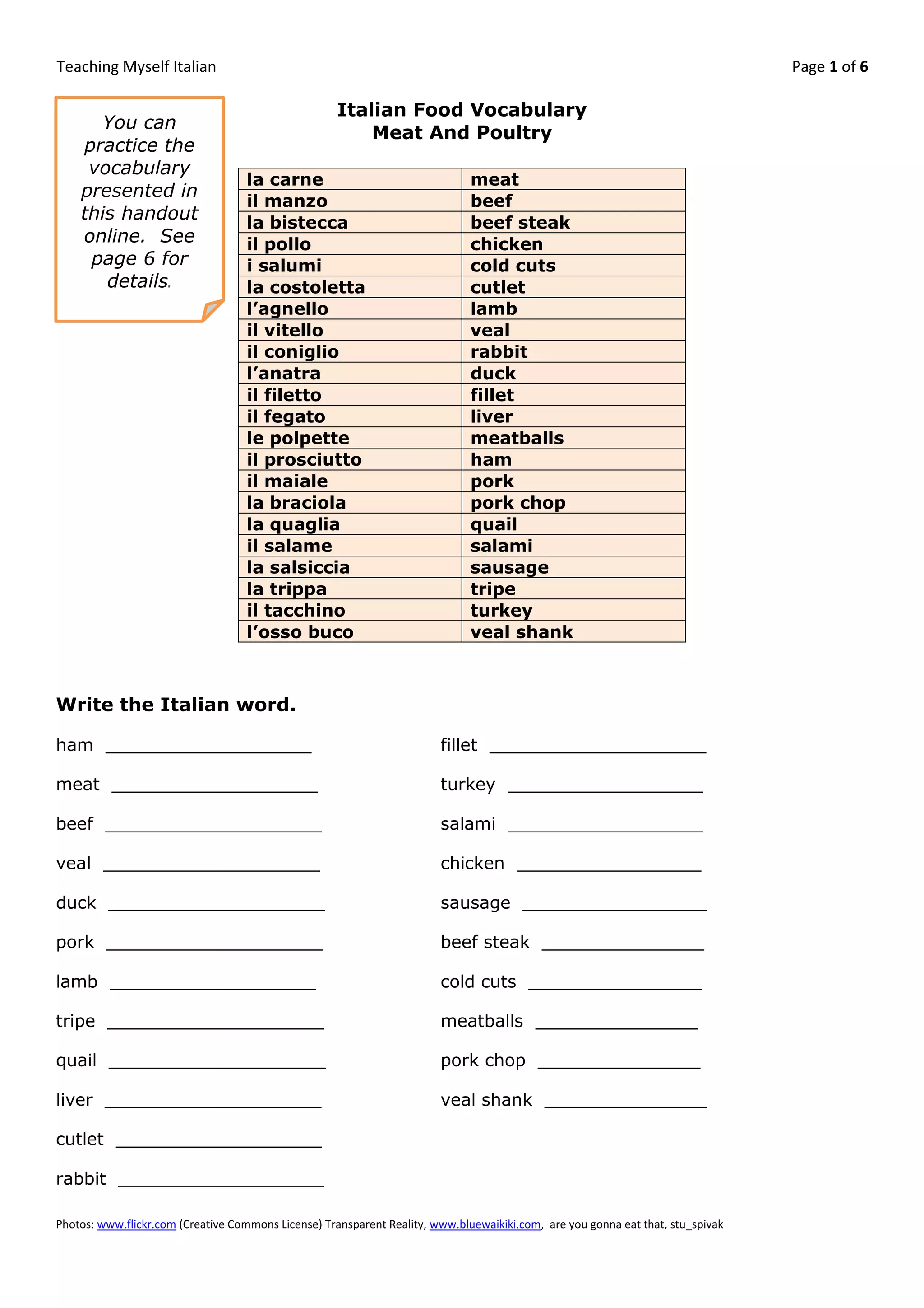 Italian food vocabulary meat and poultry | PDF