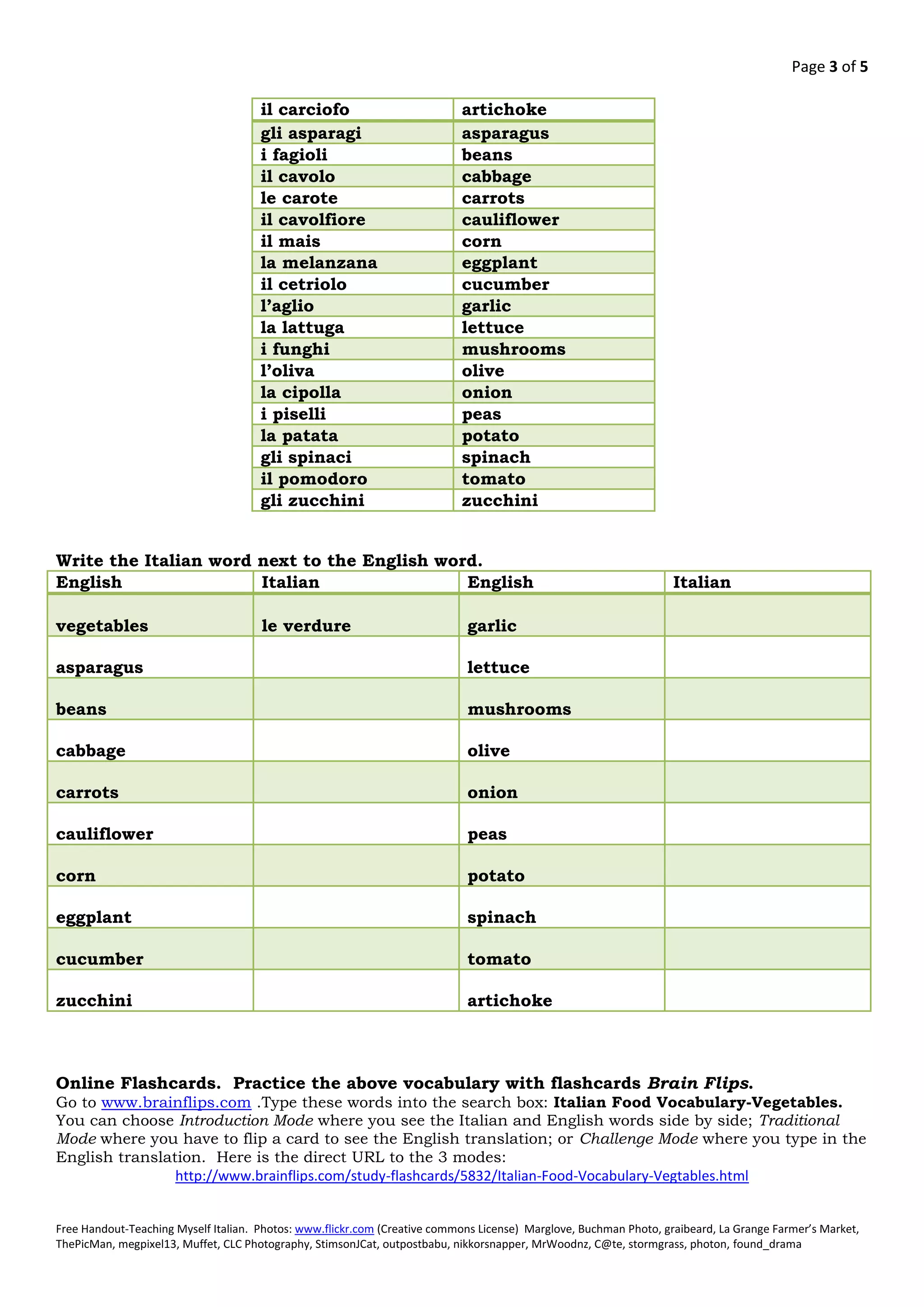 Italian food vocabulary vegetables | PDF