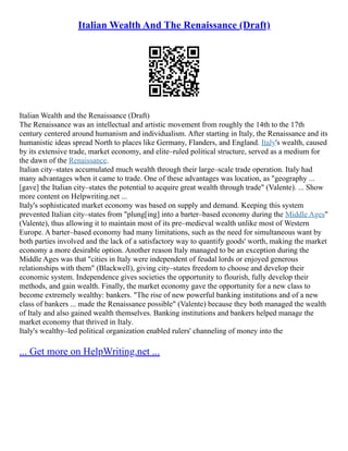 Italian Wealth And The Renaissance (Draft) | PDF