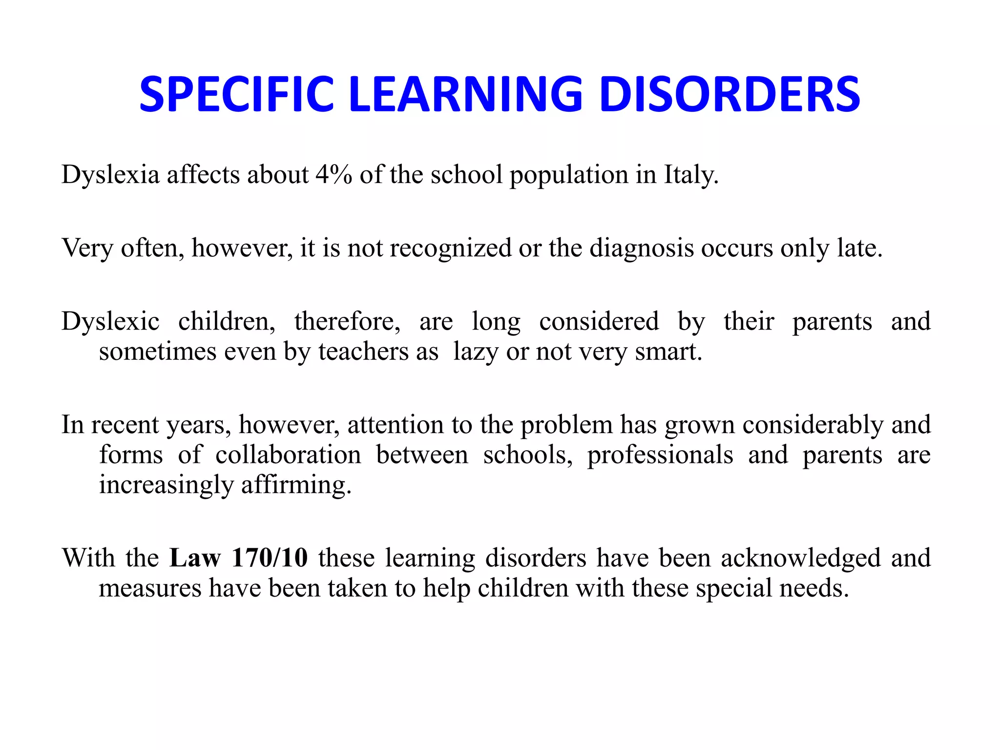 Italy specific learning disorders in english | PPT
