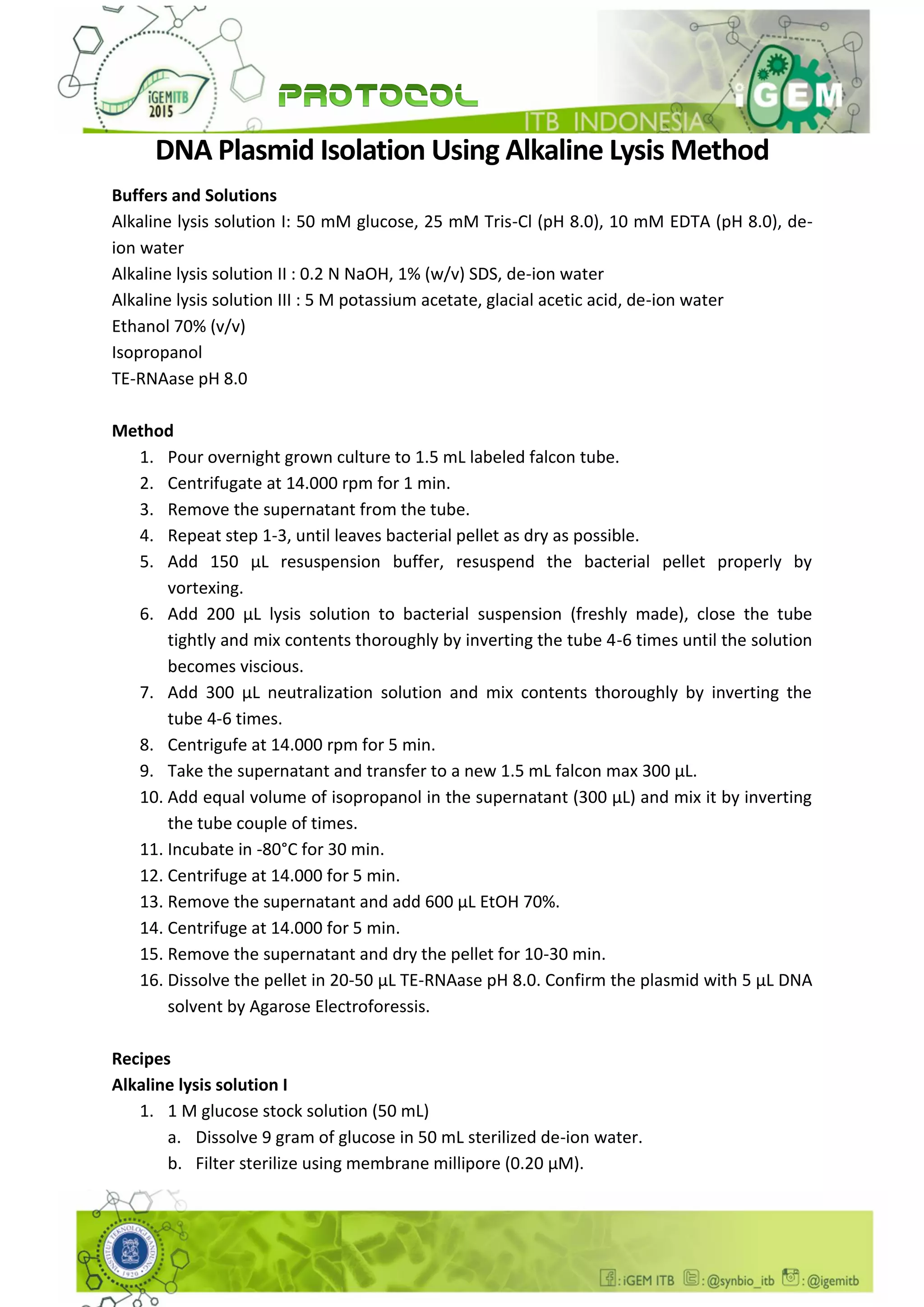 Itb indonesia igem2015_dna_plasmid_isolation | PDF