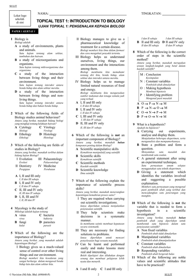 It bio f4 topical test 1 (bl) | DOC