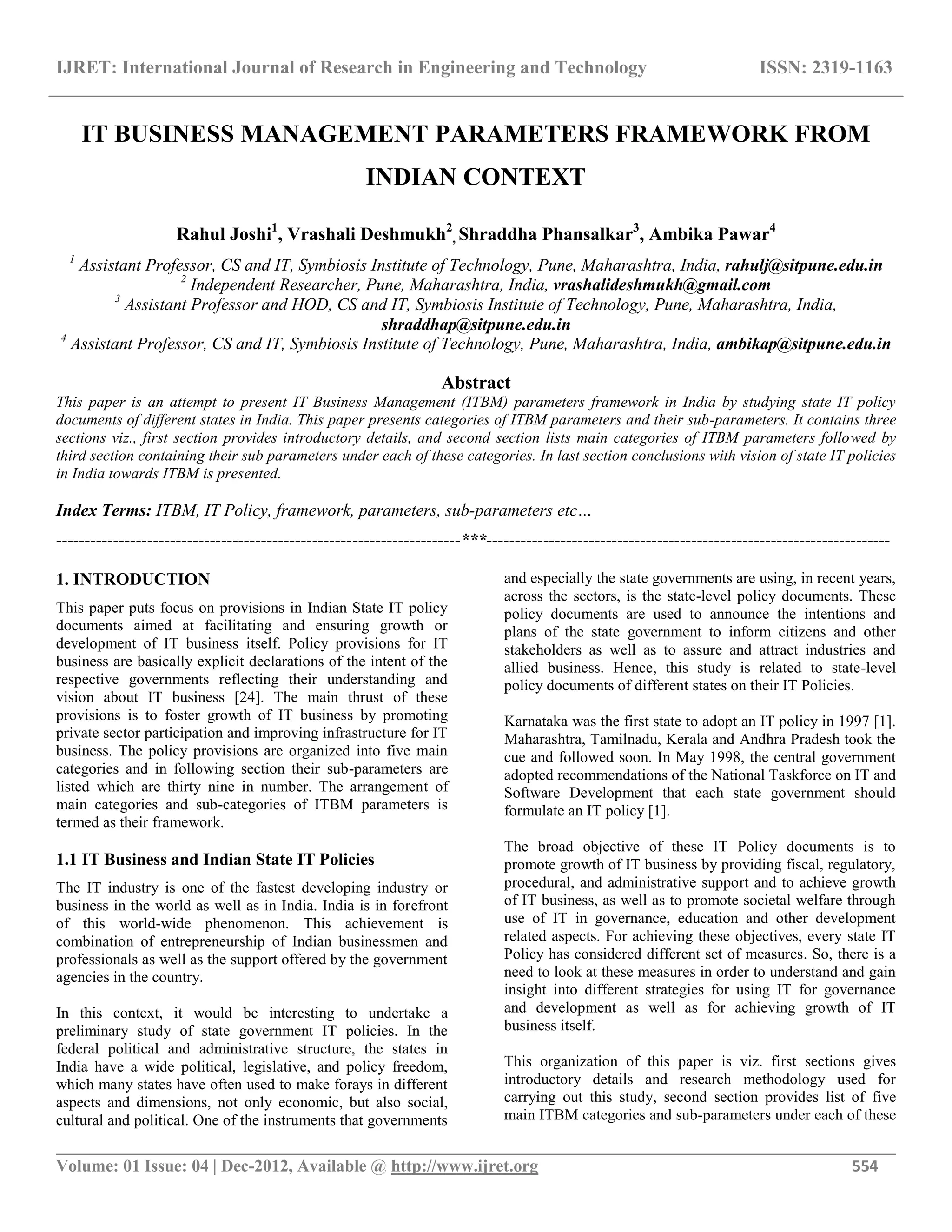 It business management parameters framework from indian context | PDF