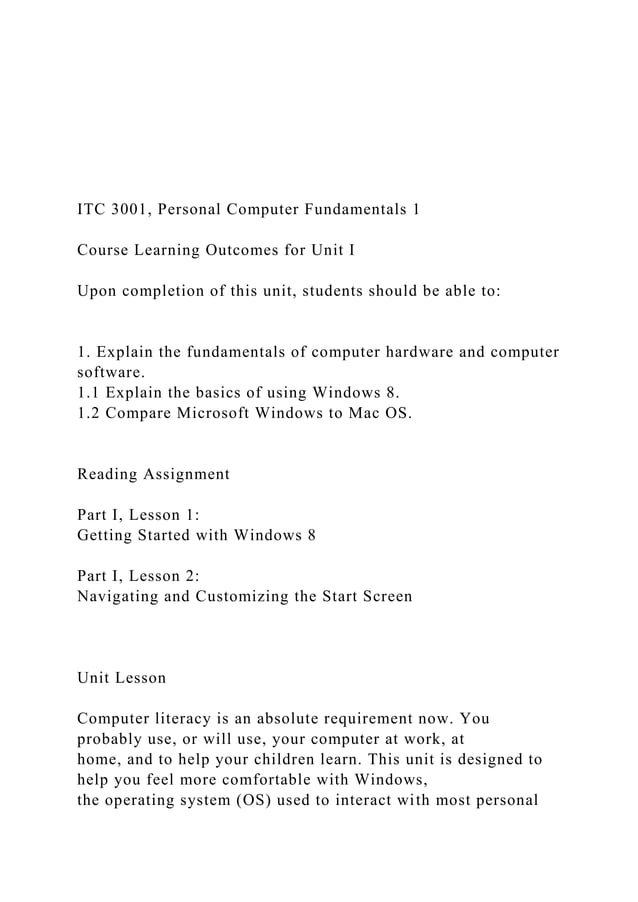 ITC 3001, Personal Computer Fundamentals 1 Course Lea.docx | Operating ...