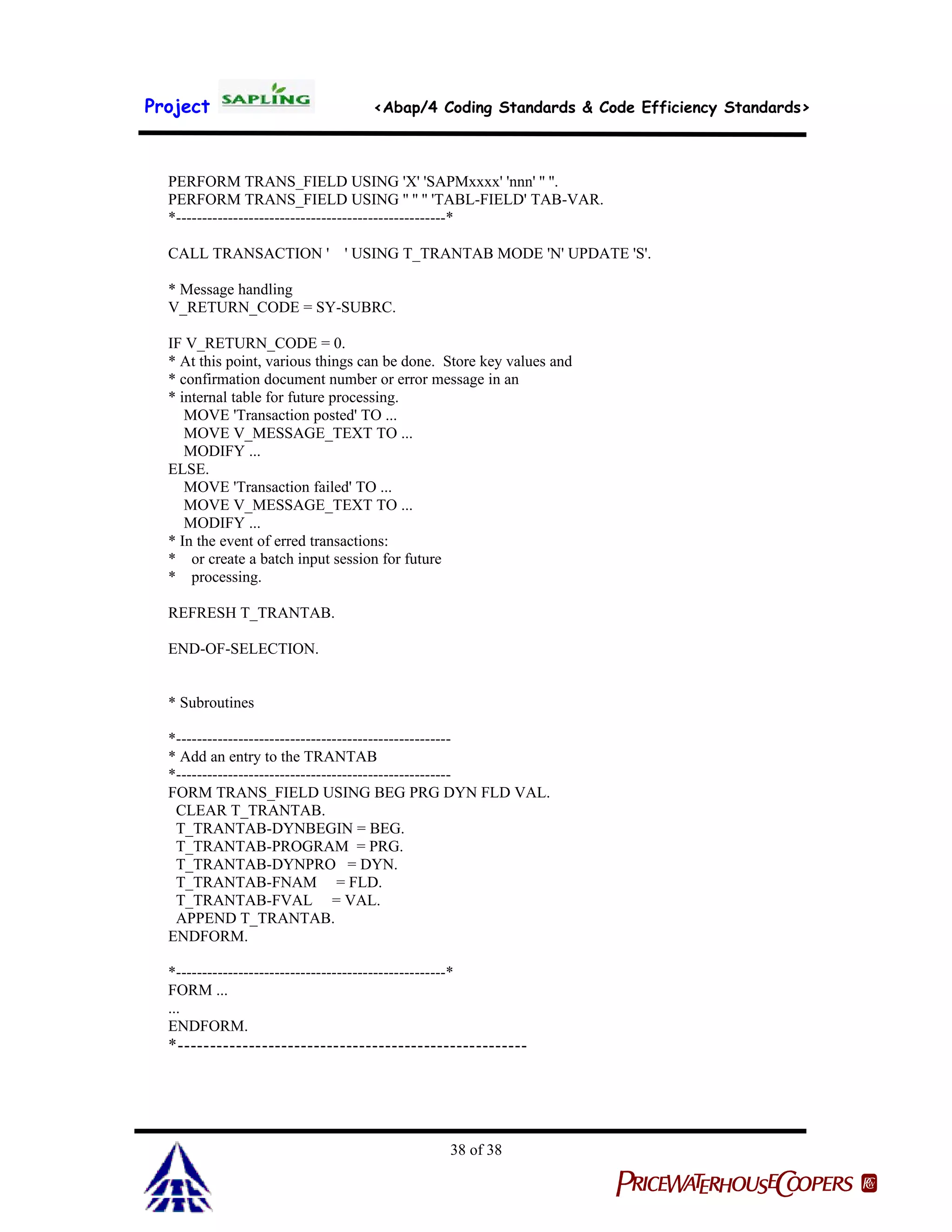 Itc Abap Coding Standards And Code Efficiency Standards Pdf