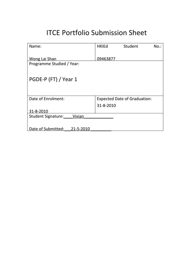 ITCE Portfolio submission sheet UIIT | DOC