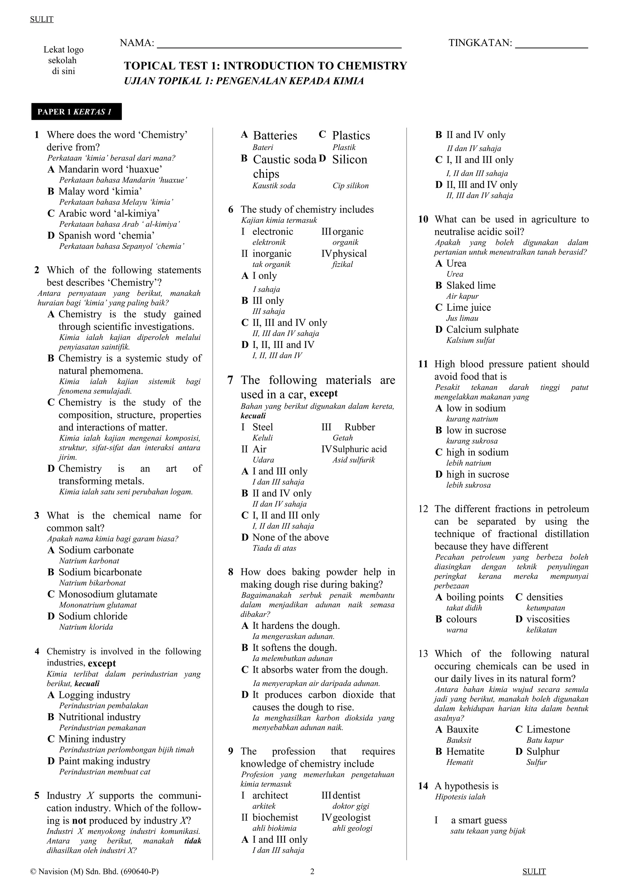 Chemistry form 4 Topical Question 1 | DOC