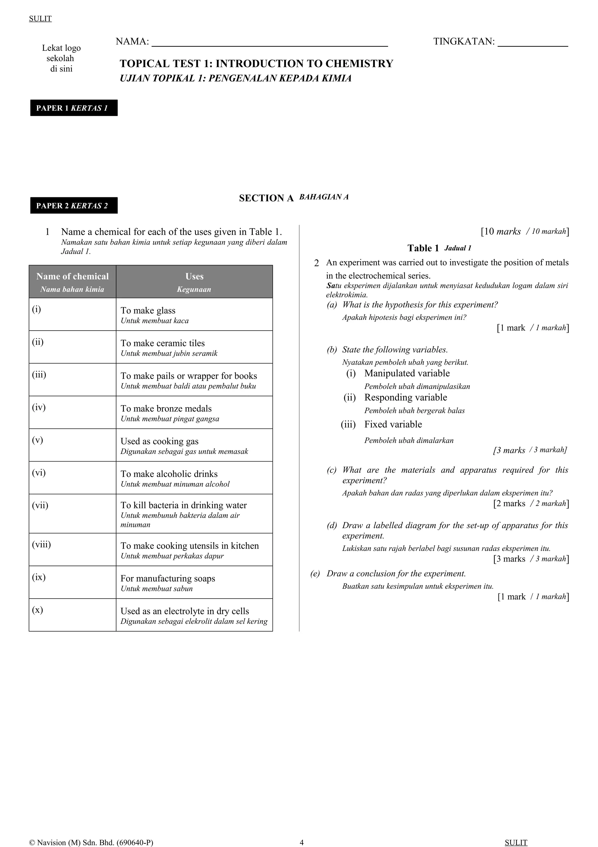 Chemistry form 4 Topical Question 1 | DOC