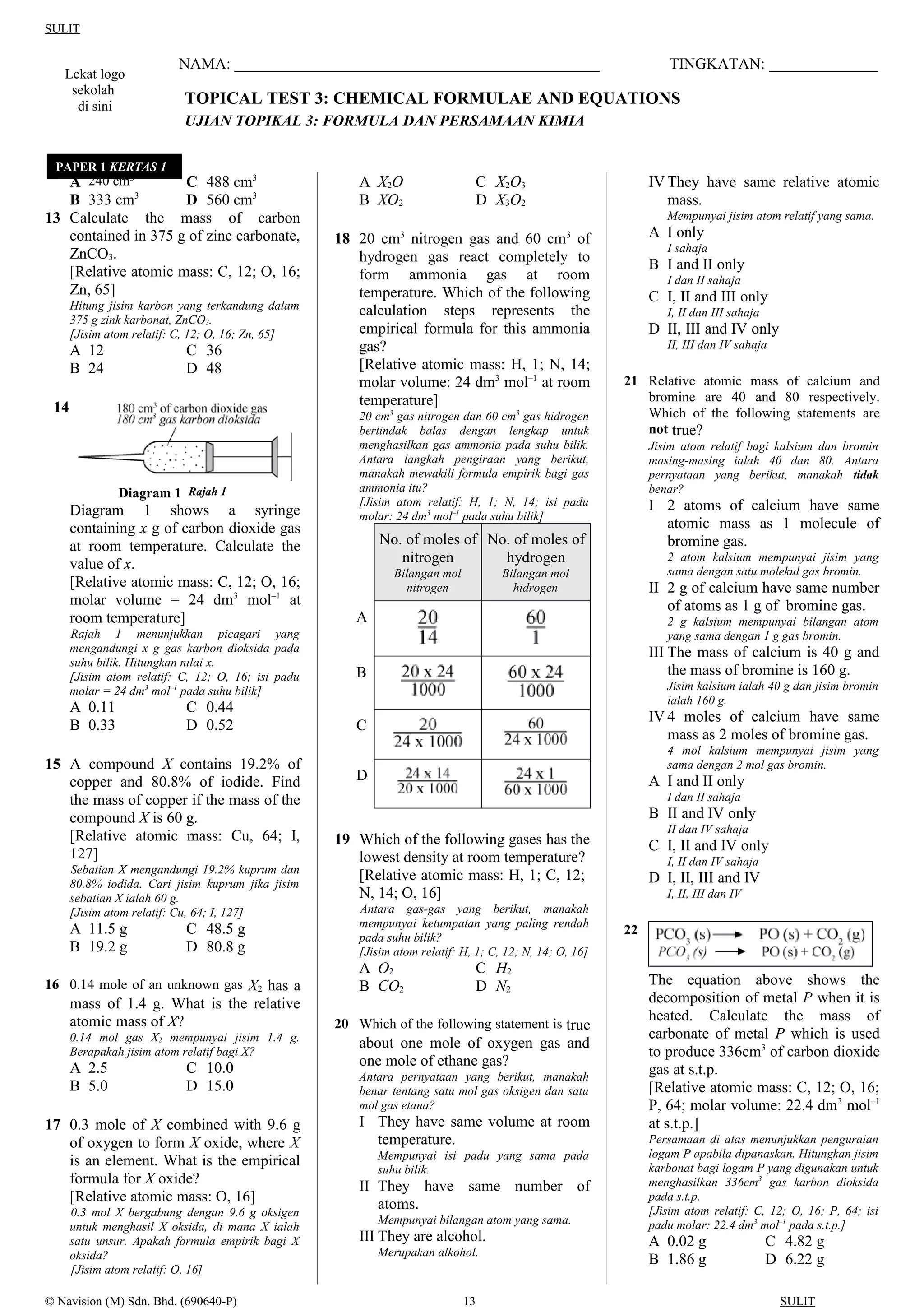 Chemistry form 4 topical Question 3 | DOC