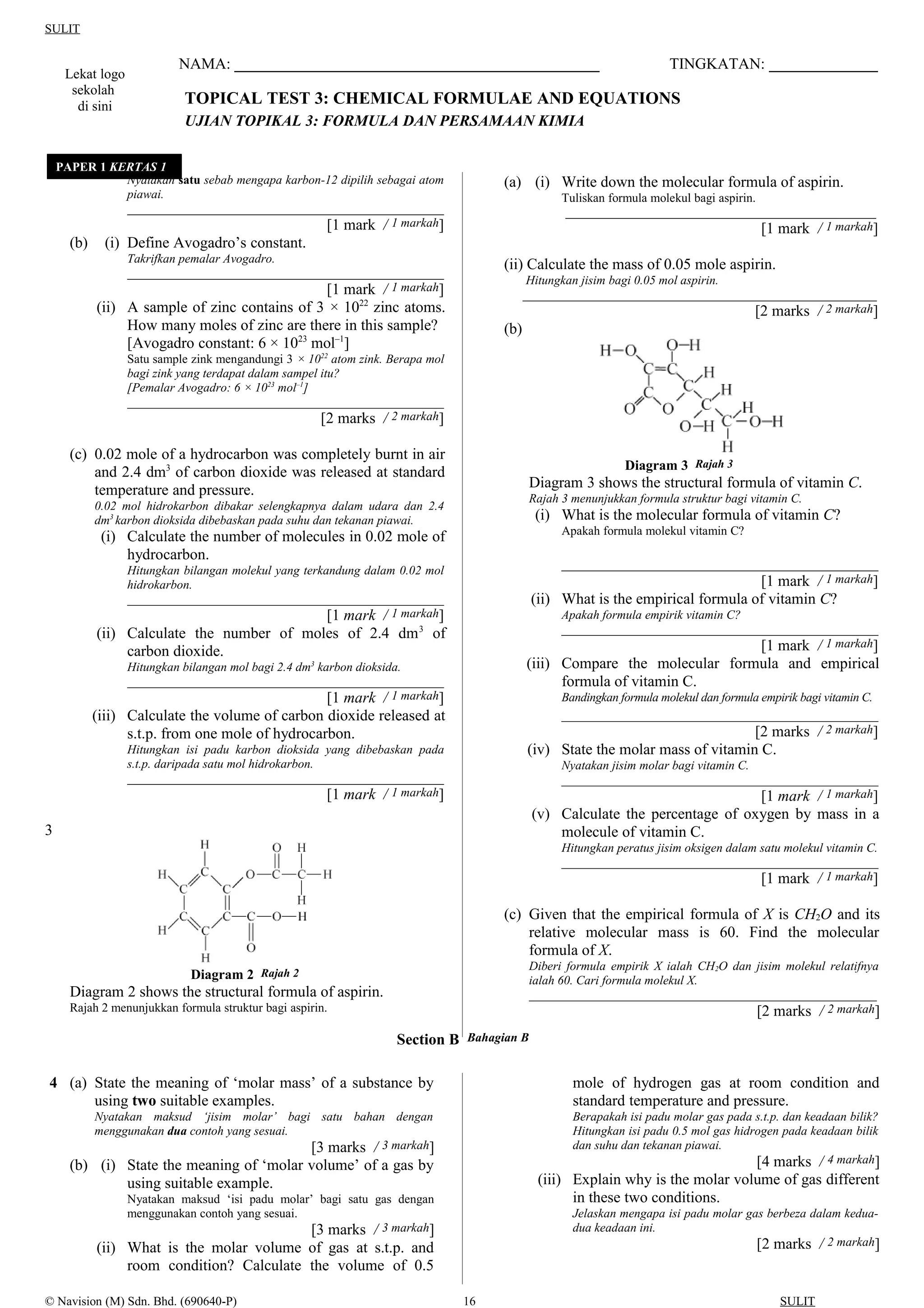 Chemistry form 4 topical Question 3 | DOC