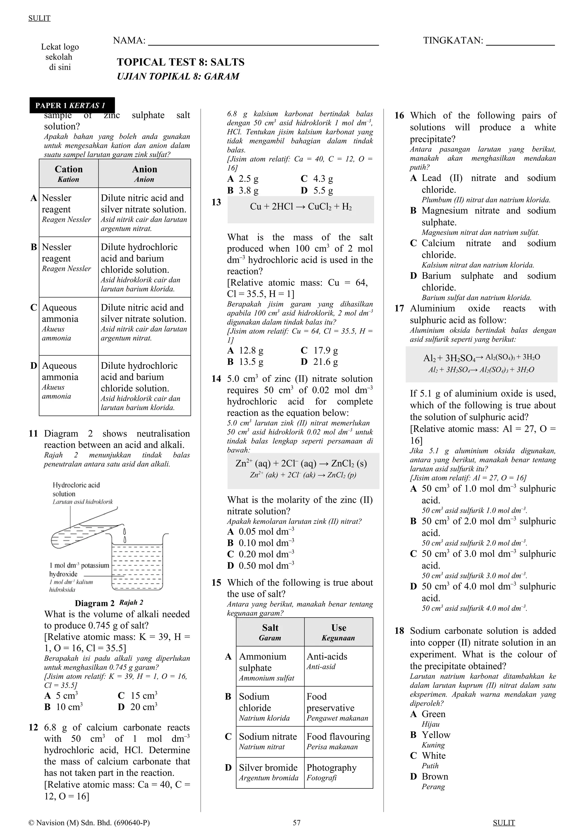 Chemistry form 4 topical question 8 | DOC