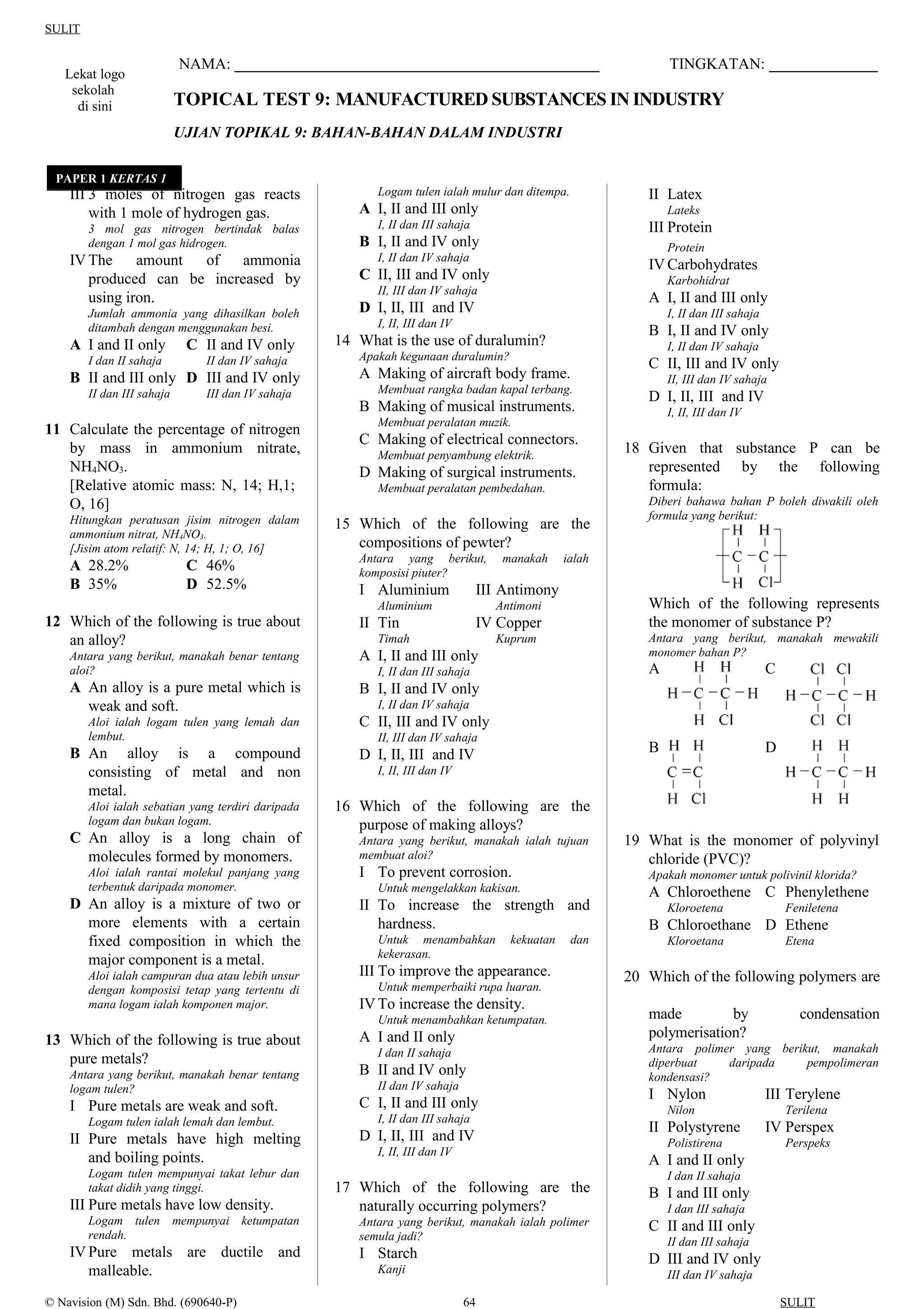 Chemistry form 4 topical question 9 | DOC