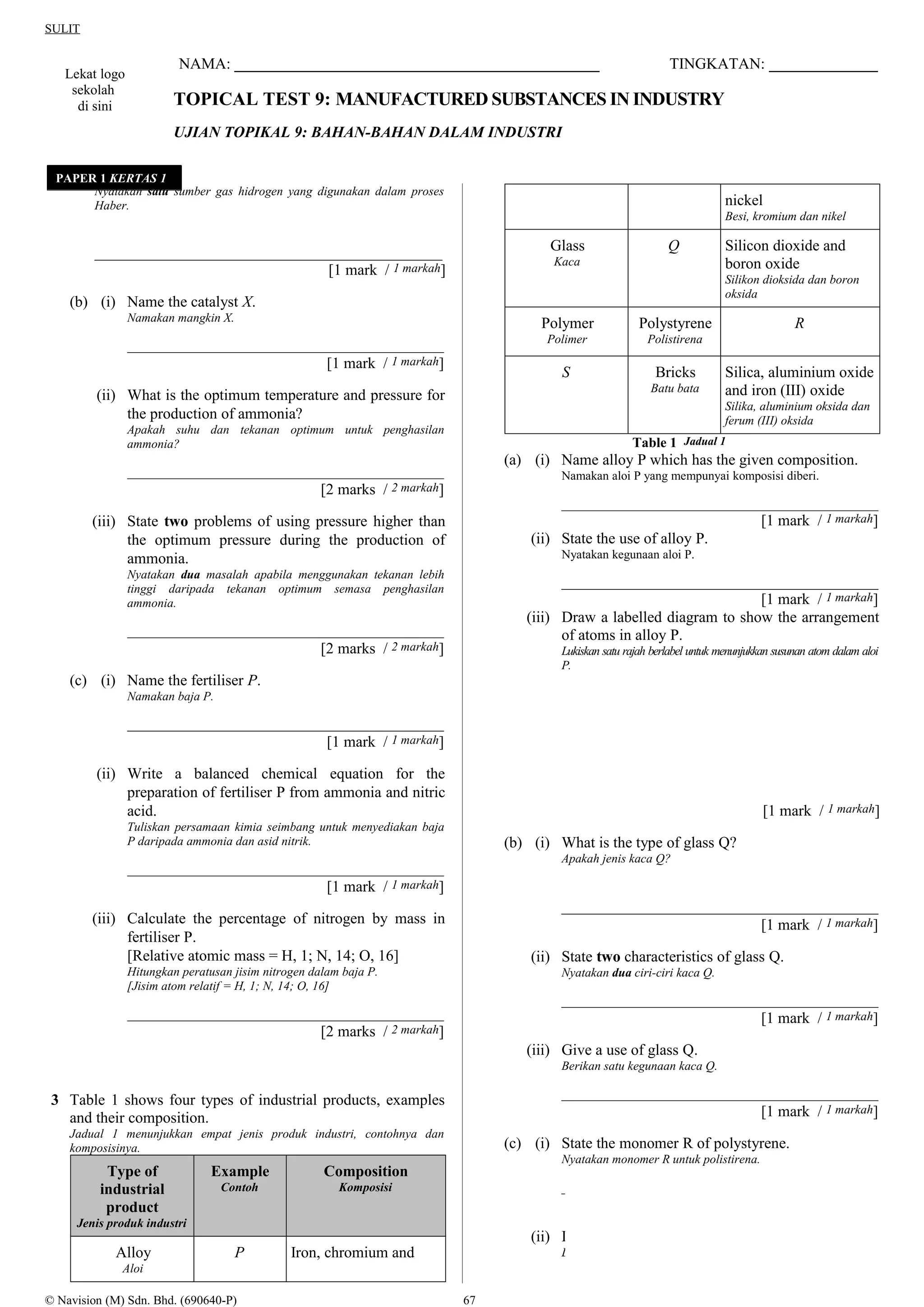 Chemistry form 4 topical question 9 | DOC