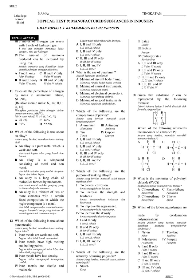 Chemistry form 4 topical question 9 | PDF