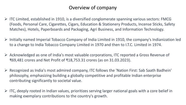 ITC PPT.pptx itc report their csr activities and management discussion analysis covered | PPT