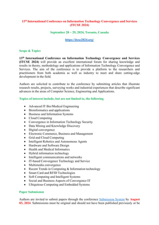 13th International Conference on Information Technology Convergence and Services (ITCSE 2024) | PDF