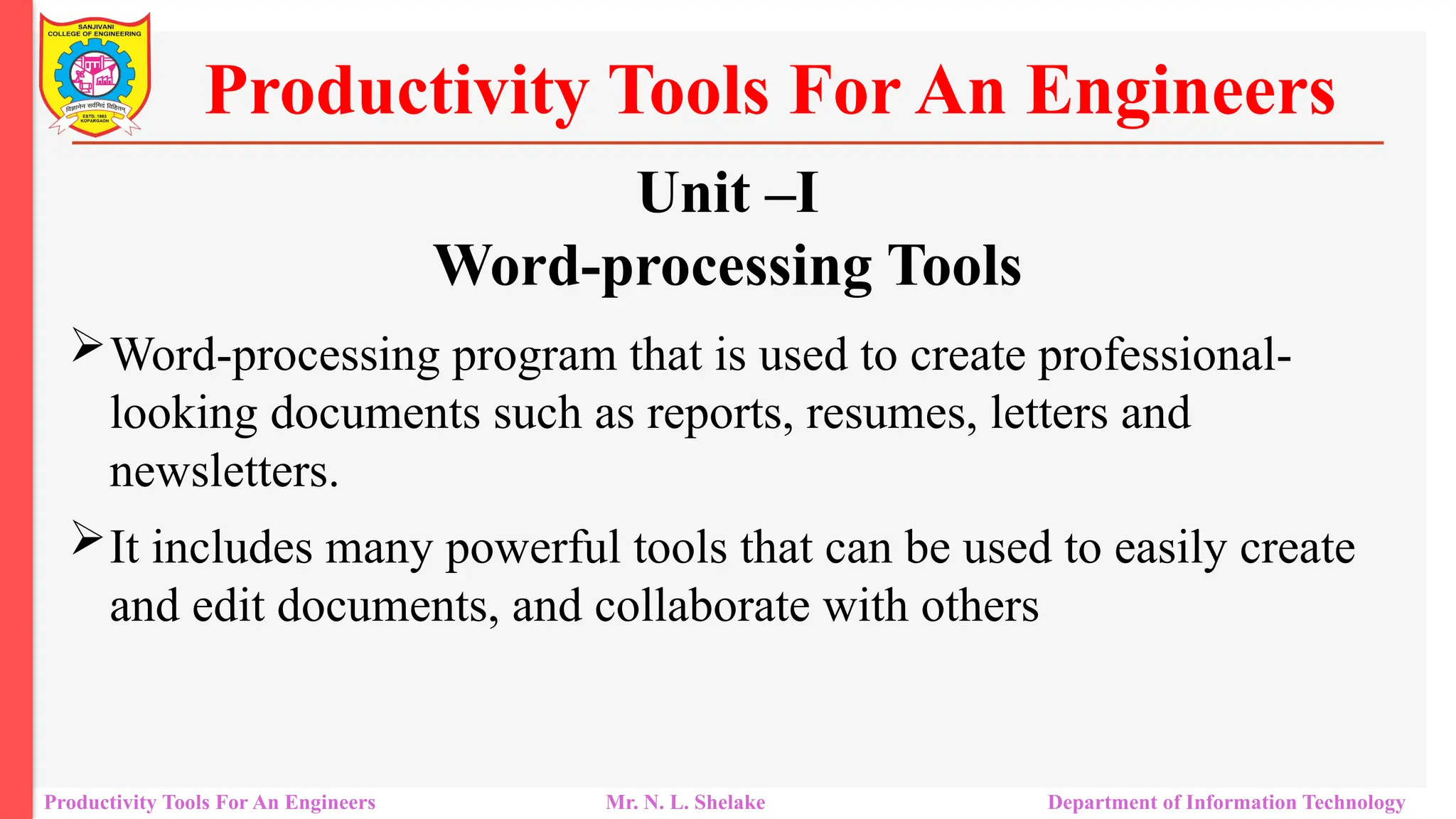 ITE Course Unit 1Productivity Tools For An Engineers | PPTX