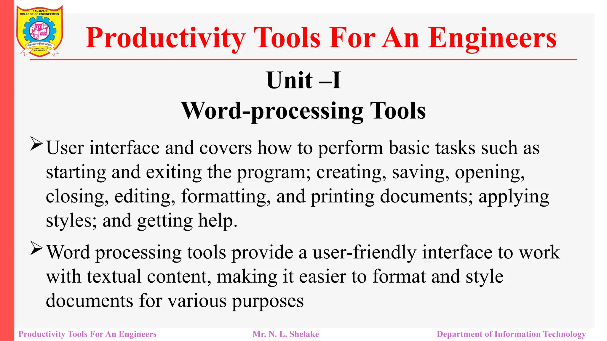 ITE Course Unit 1Productivity Tools For An Engineers | PPTX