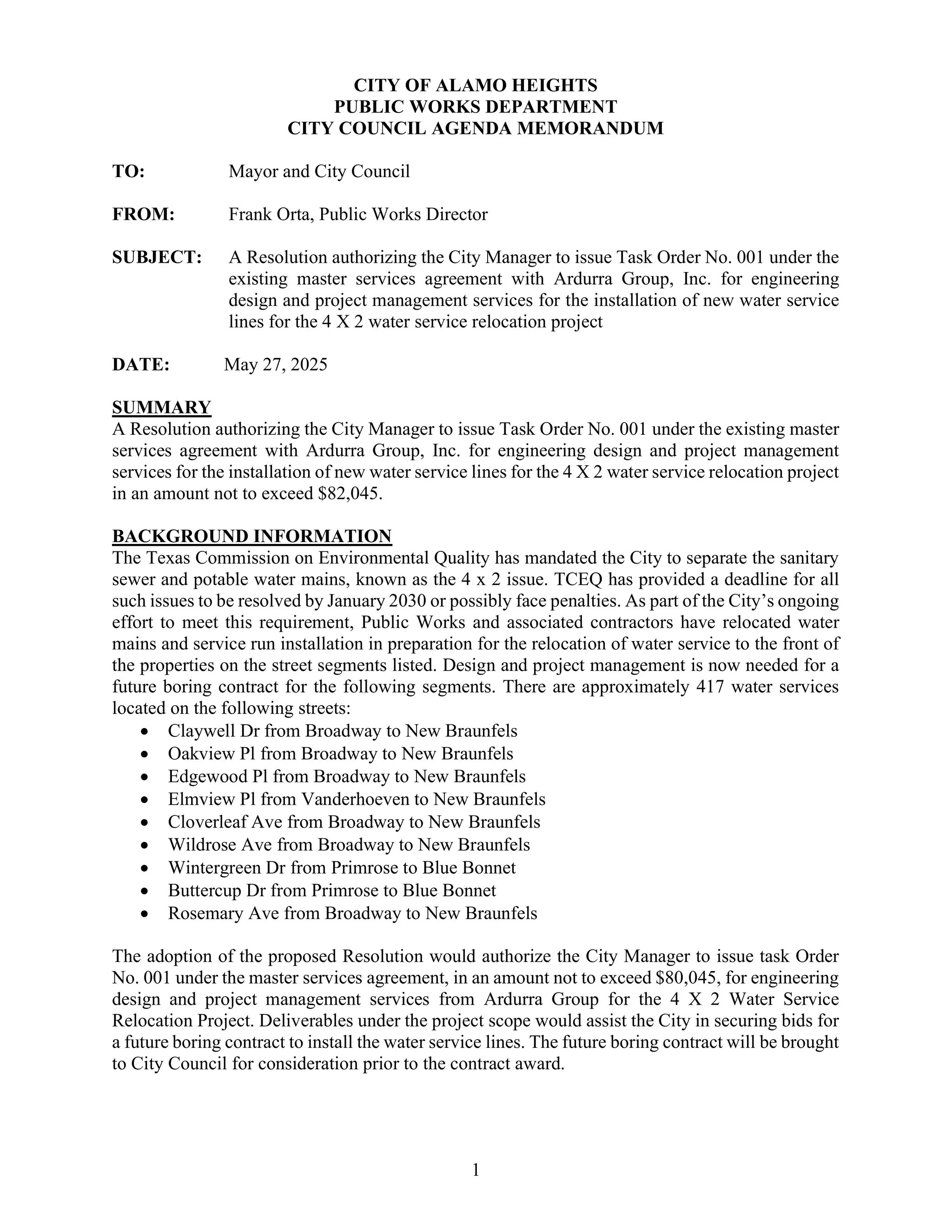 Item # 10 - Water Main Project Engineering Task Order | PDF