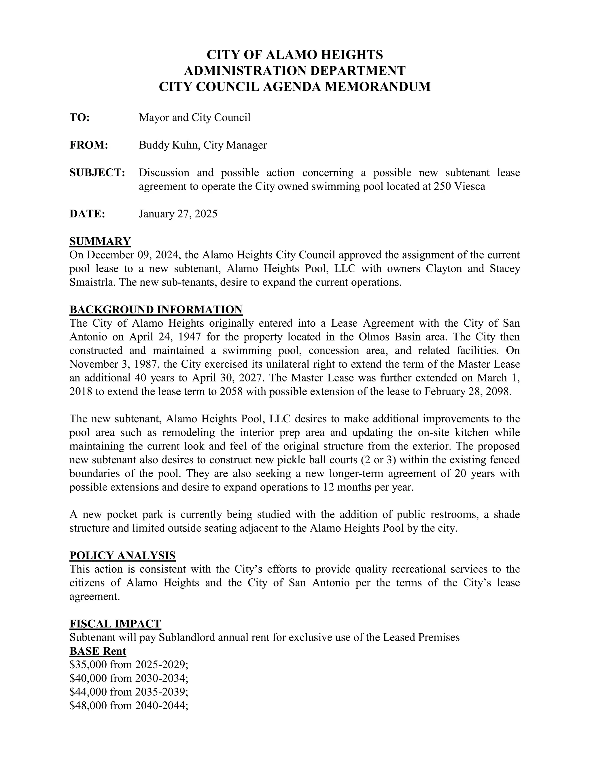 Item # 4 - Alamo Heights Swimming Pool Lease | PDF