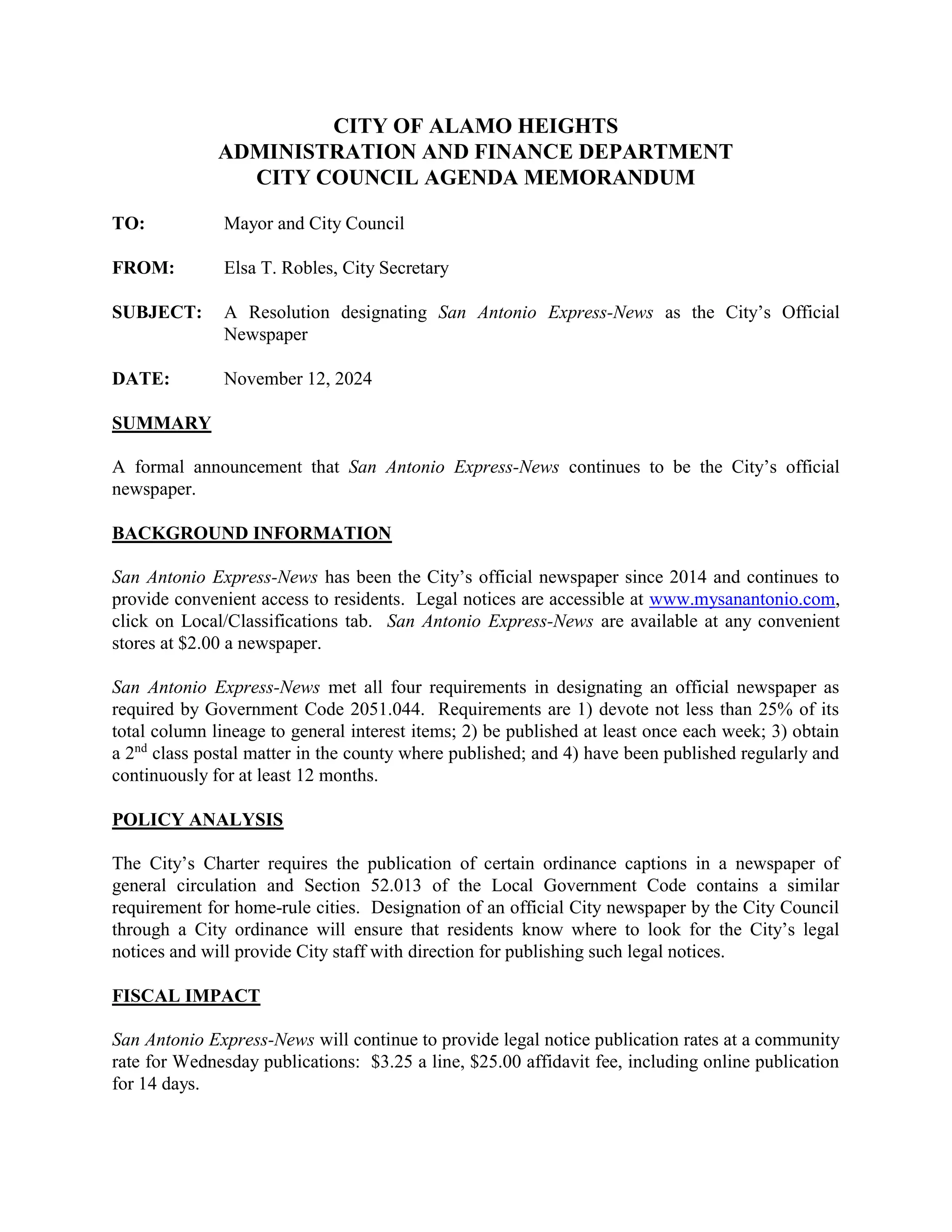 Item # 4 - Official Newspaper Designation | PDF