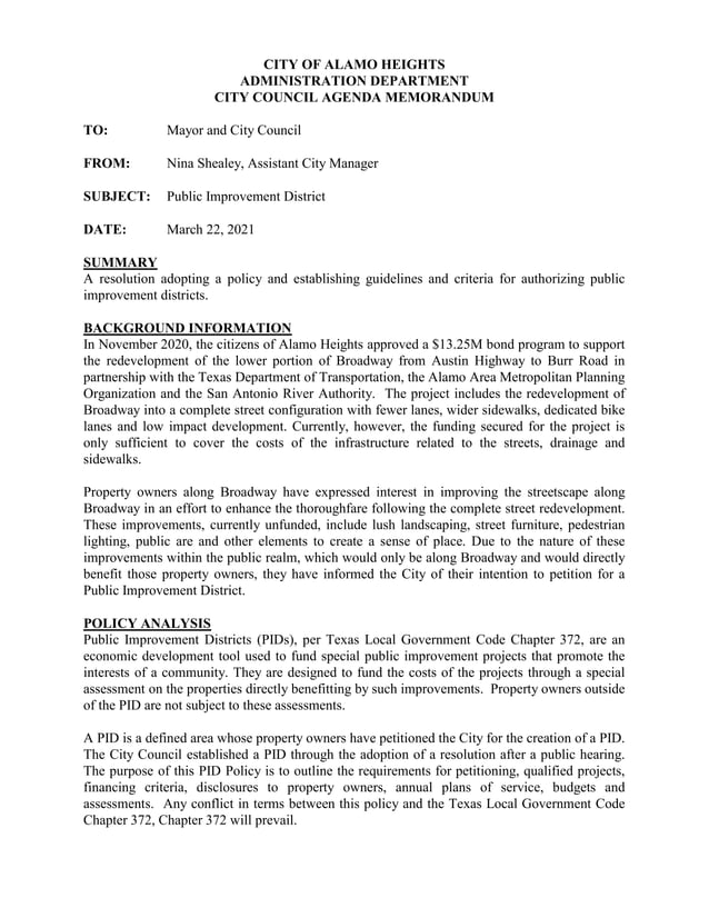 Item # 4 - Public Improvement District (PID) Policy | PDF