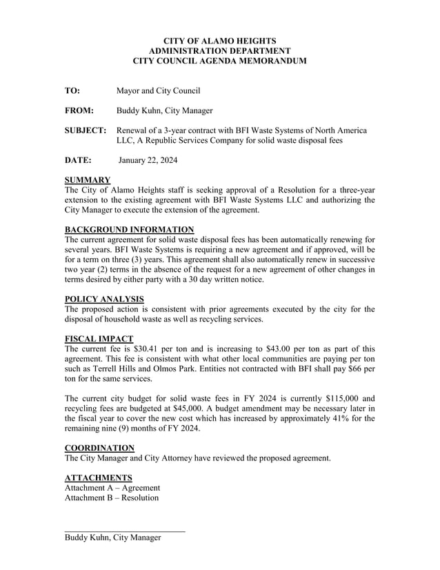 Item # 6 - Solid Waste Disposal Fees BFI Waste Systems | PDF