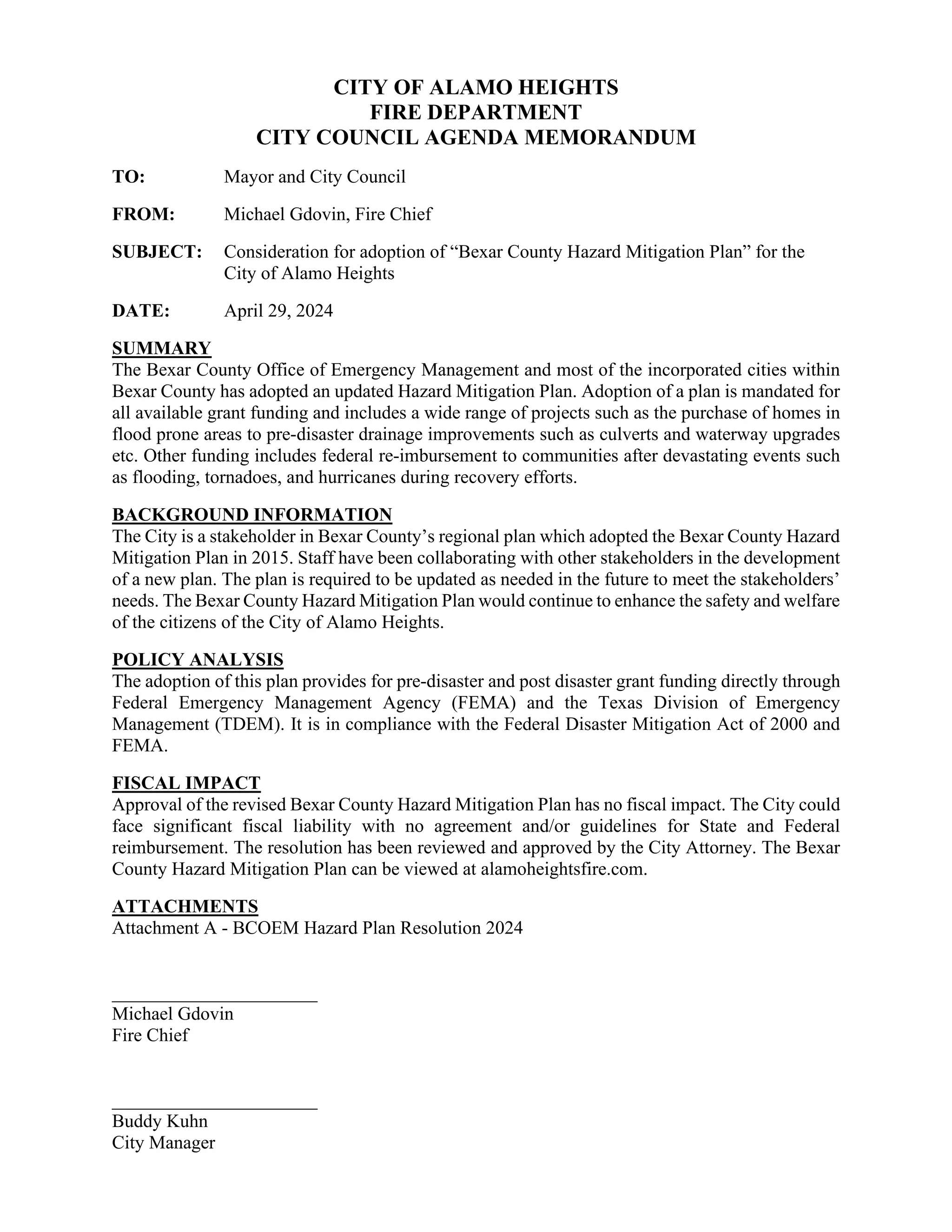 Item # 7 - Adoption of Bexar County Hazard Mitigation Plan | PDF