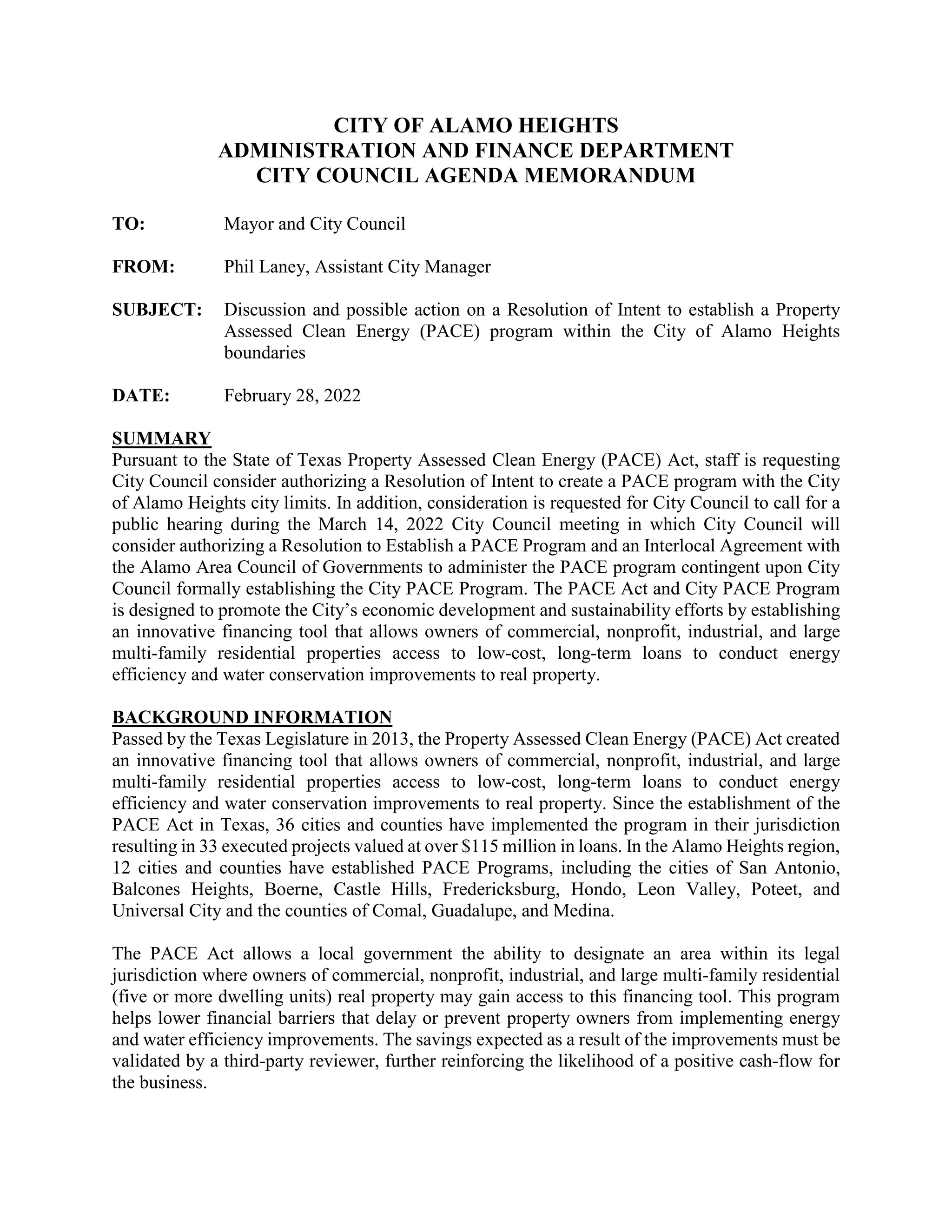 Item # 7 PACE Program - Resolution of Intent | PDF