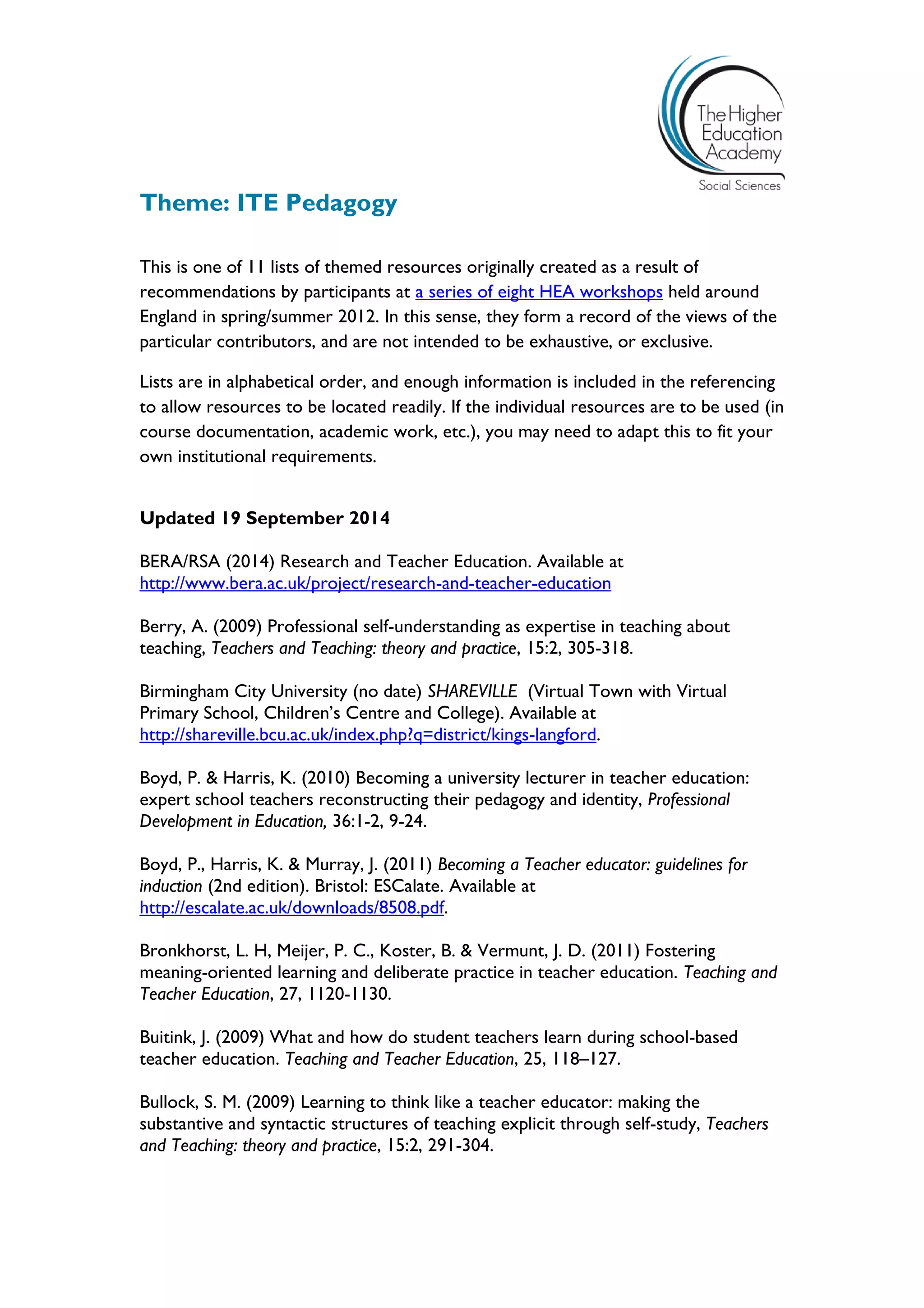 Initial Teacher Education Pedagogy Resource List | PDF