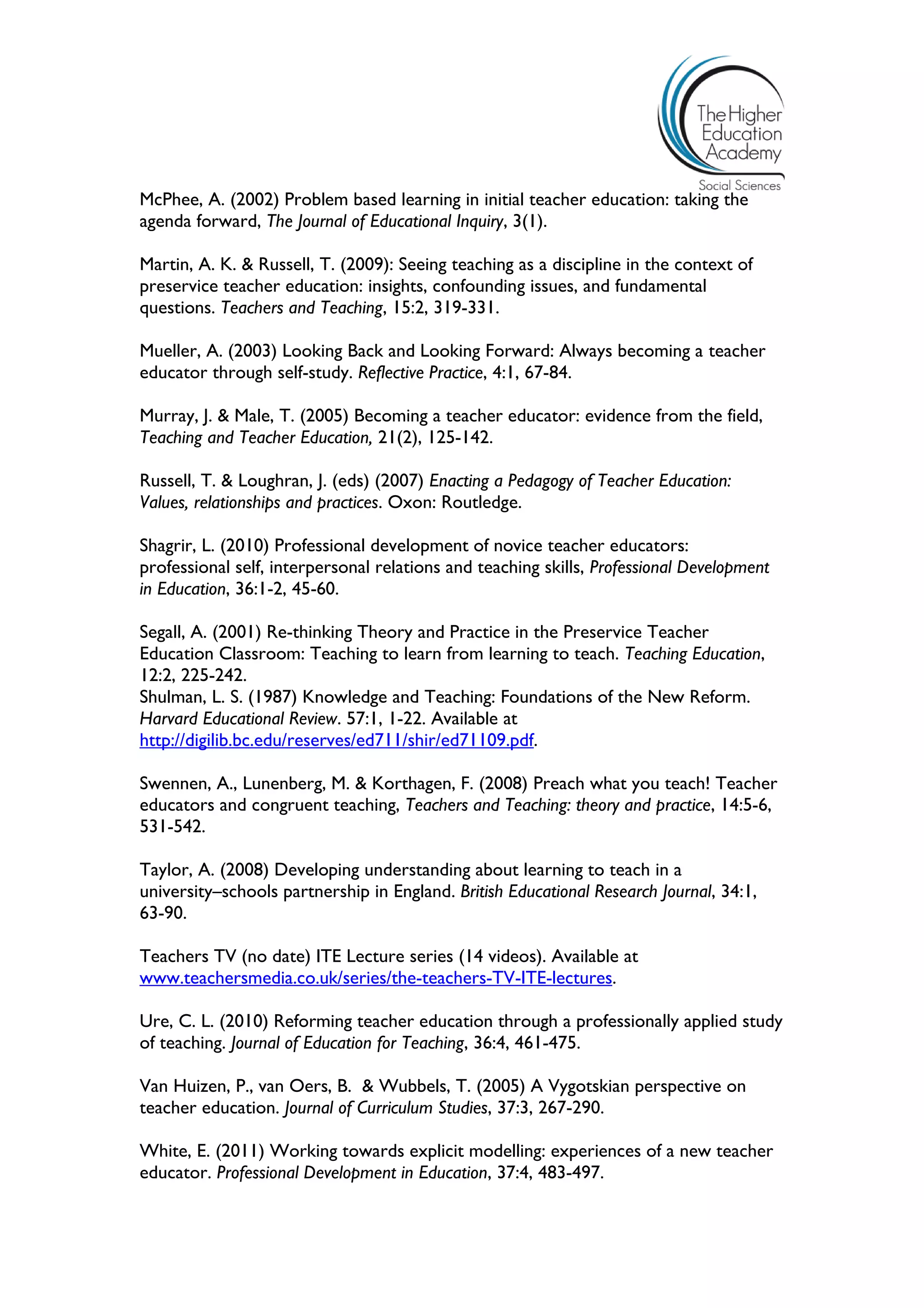 Initial Teacher Education Pedagogy Resource List | PDF