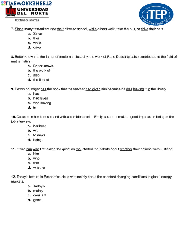 Itep grammar test | PDF | Bars & Restaurants | Attractions