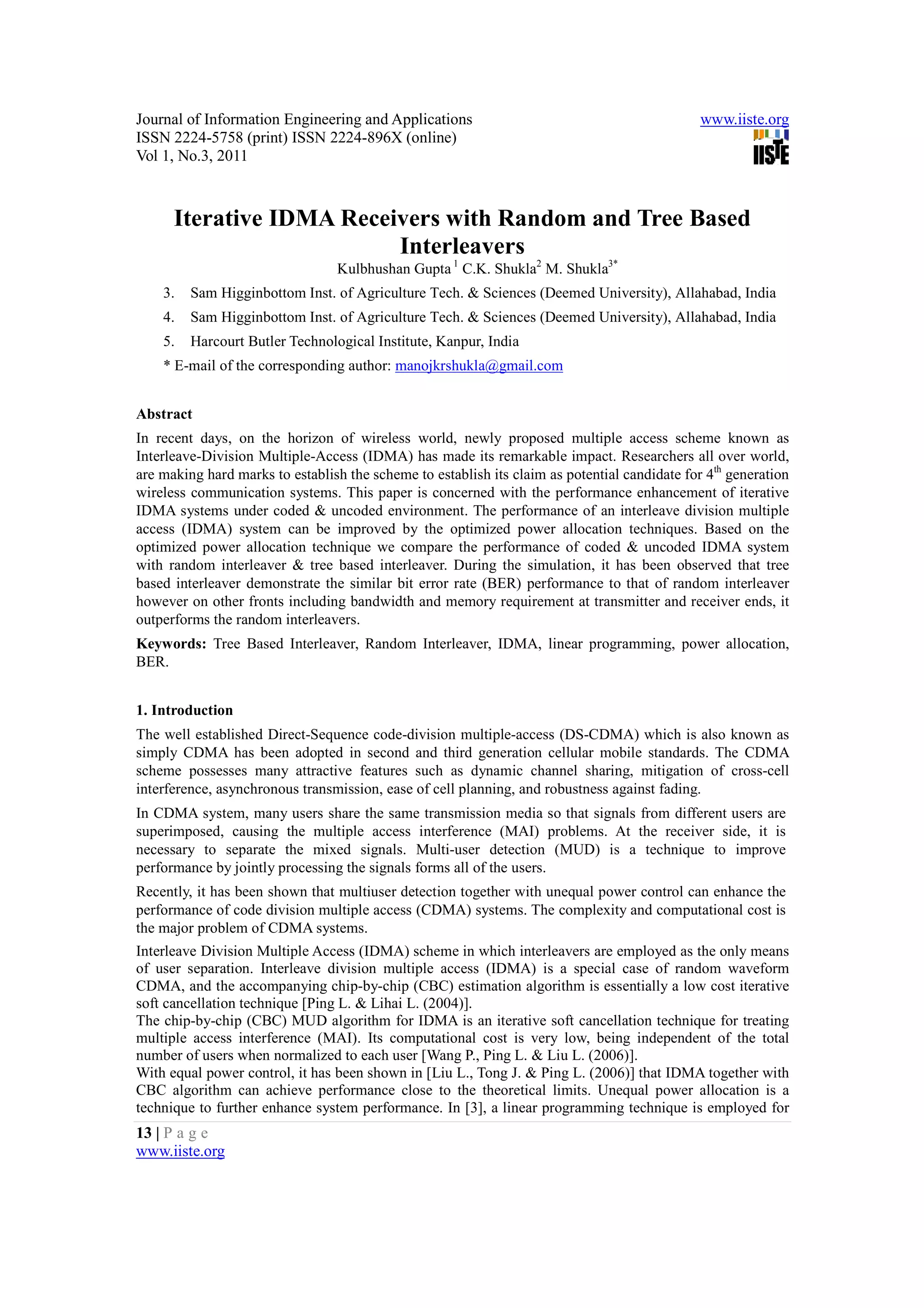 Iterative idma receivers with random and tree based interleavers | PDF