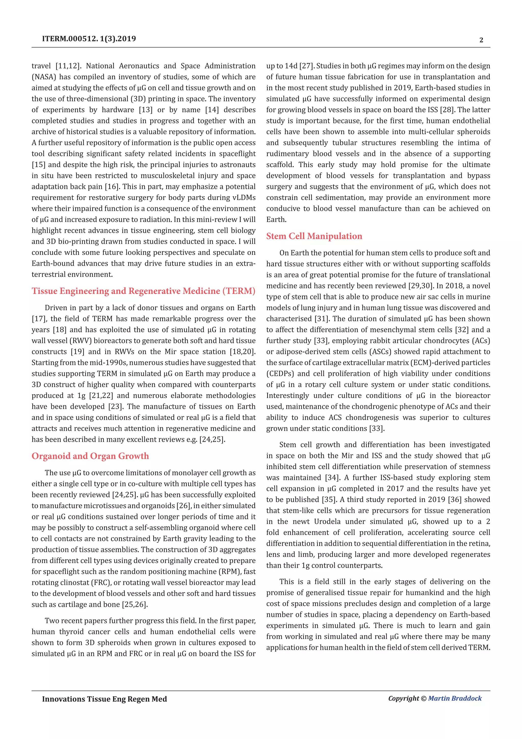 Tissue Engineering and Human Regenerative Therapies in Space: Benefits ...