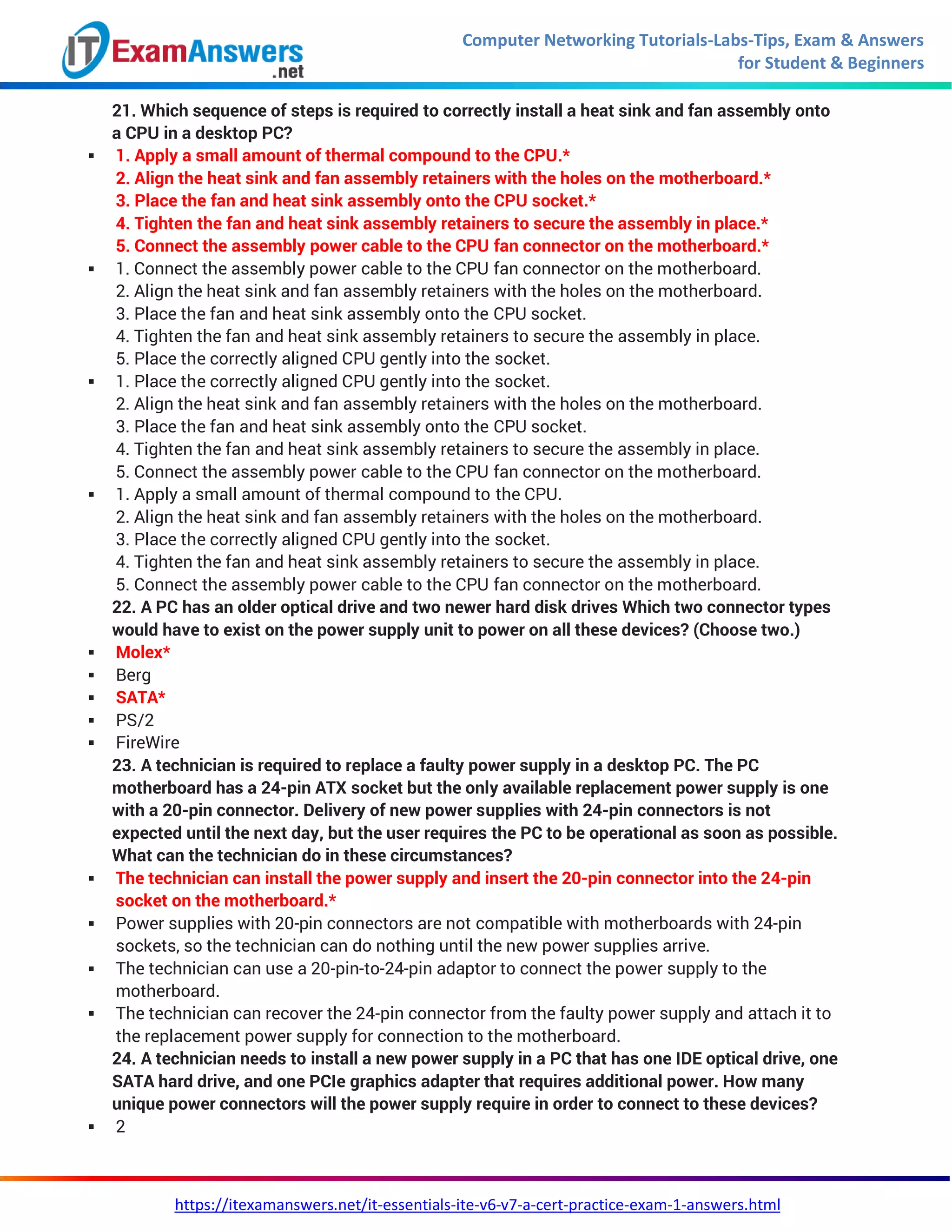 It Essentials (Version 7.0) A+ Cert Practice Exam 1 Answers | PDF