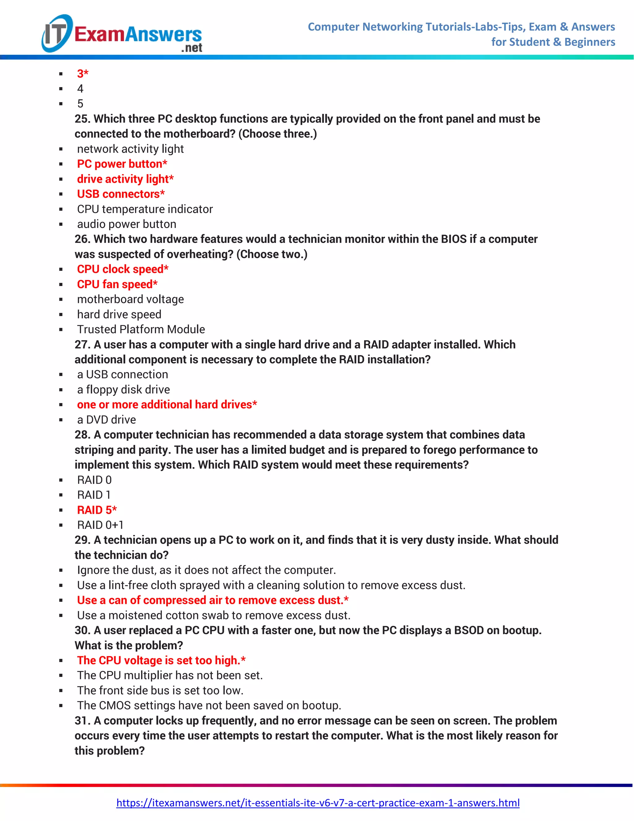 It Essentials (Version 7.0) A+ Cert Practice Exam 1 Answers | PDF