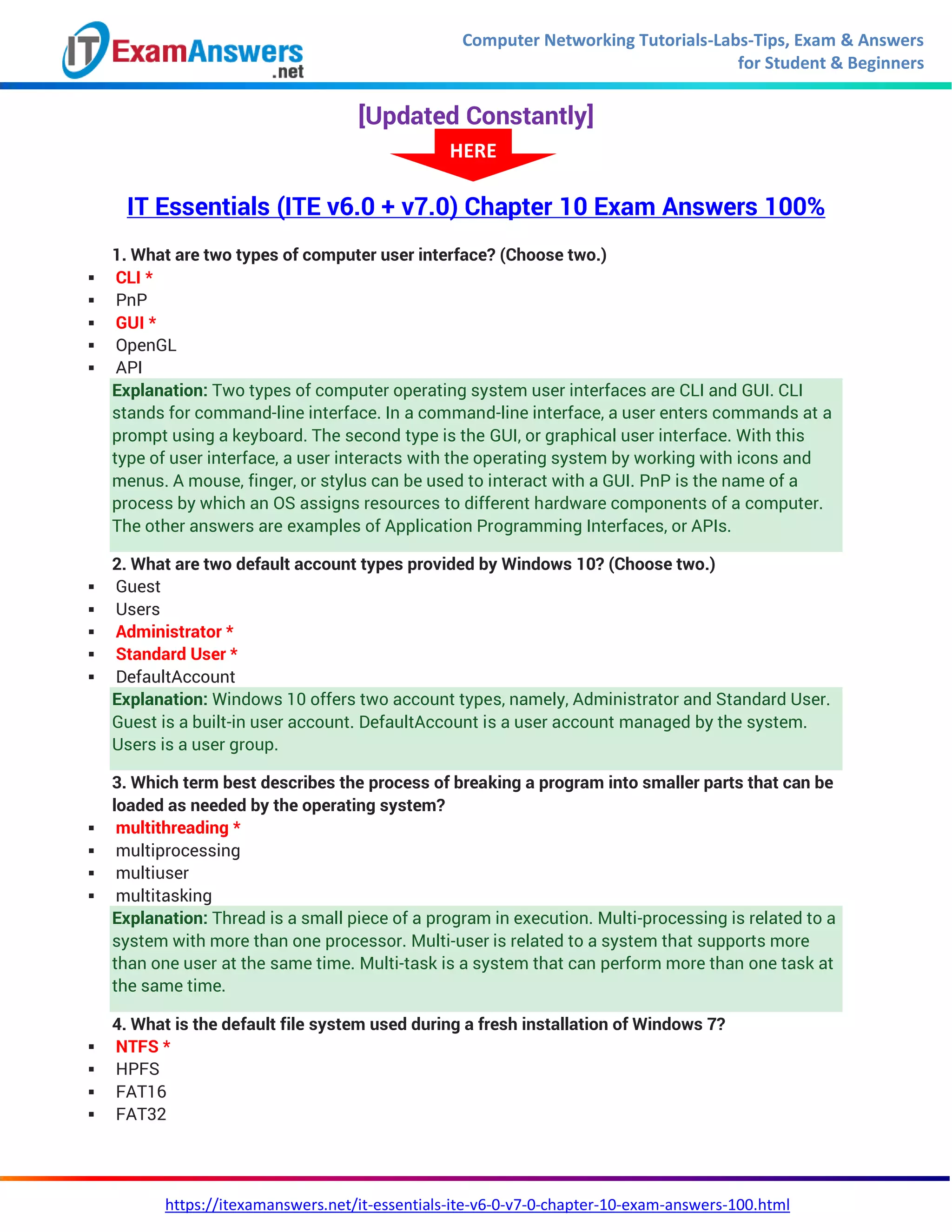 IT Essentials (Version 7.0) - ITE Chapter 10 Exam Answers | PDF