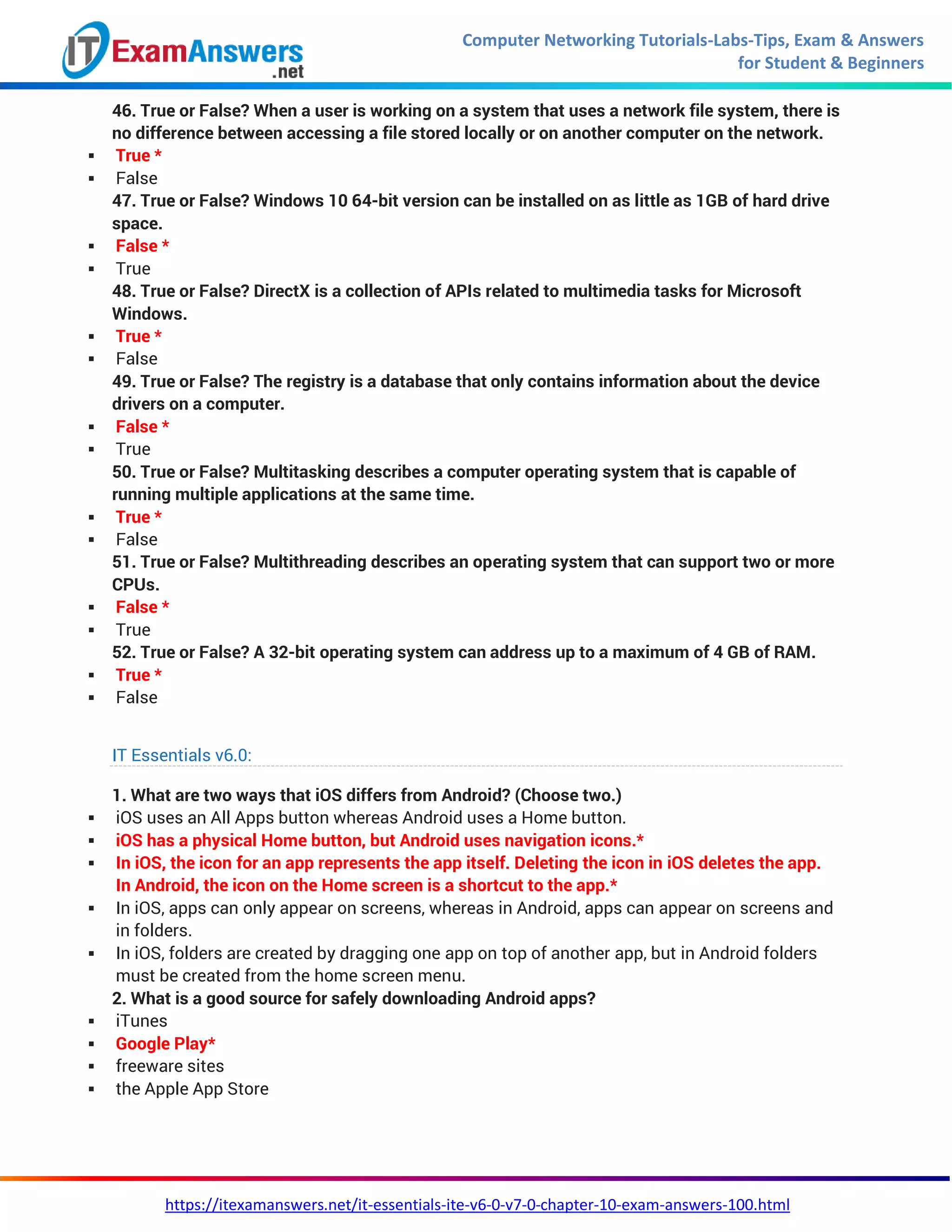 IT Essentials (Version 7.0) - ITE Chapter 10 Exam Answers | PDF