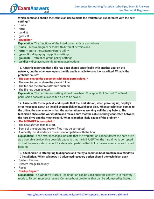 IT Essentials (Version 7.0) - ITE Chapter 11 Exam Answers | PDF