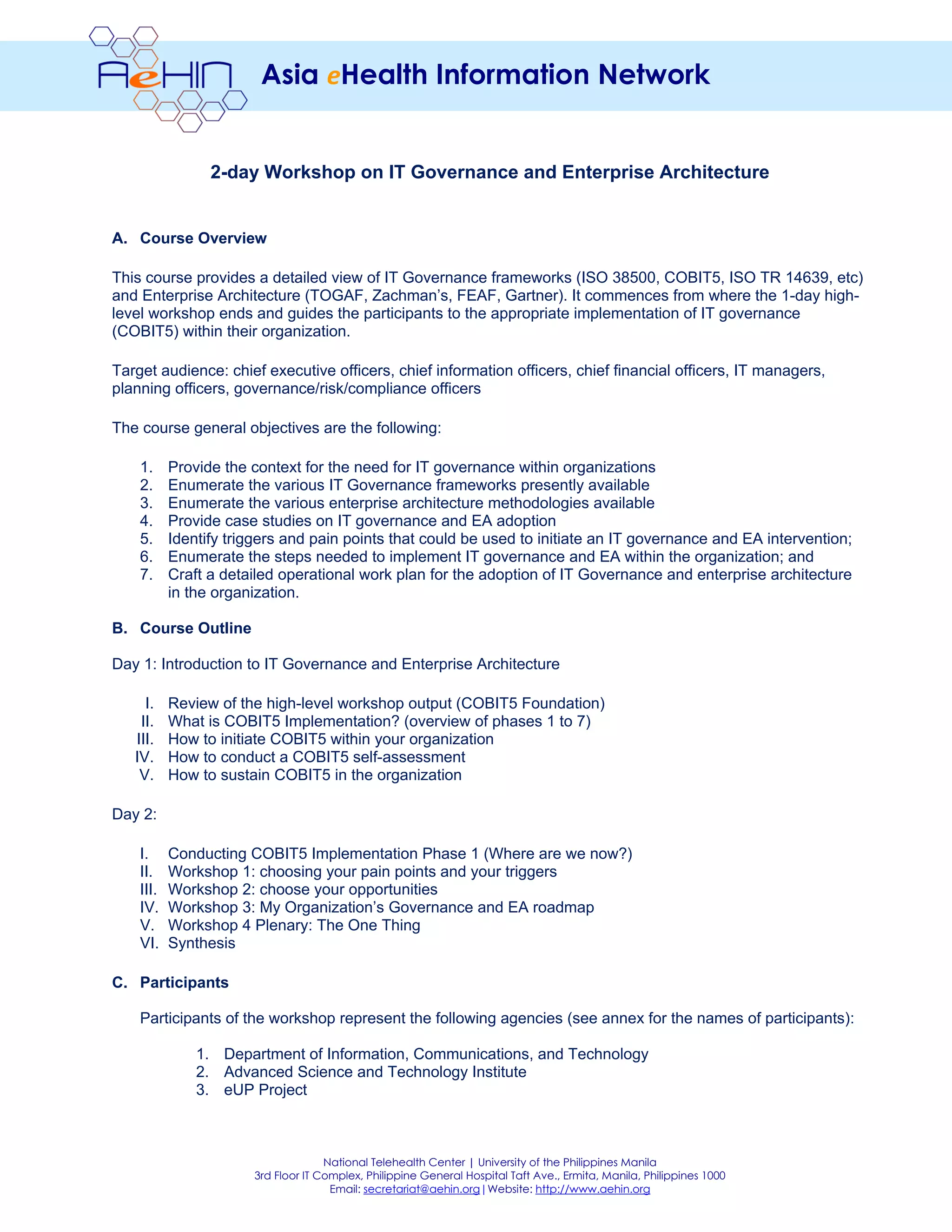 Concept Note: IT Governance and Enterprise Architecture Workshop | PDF