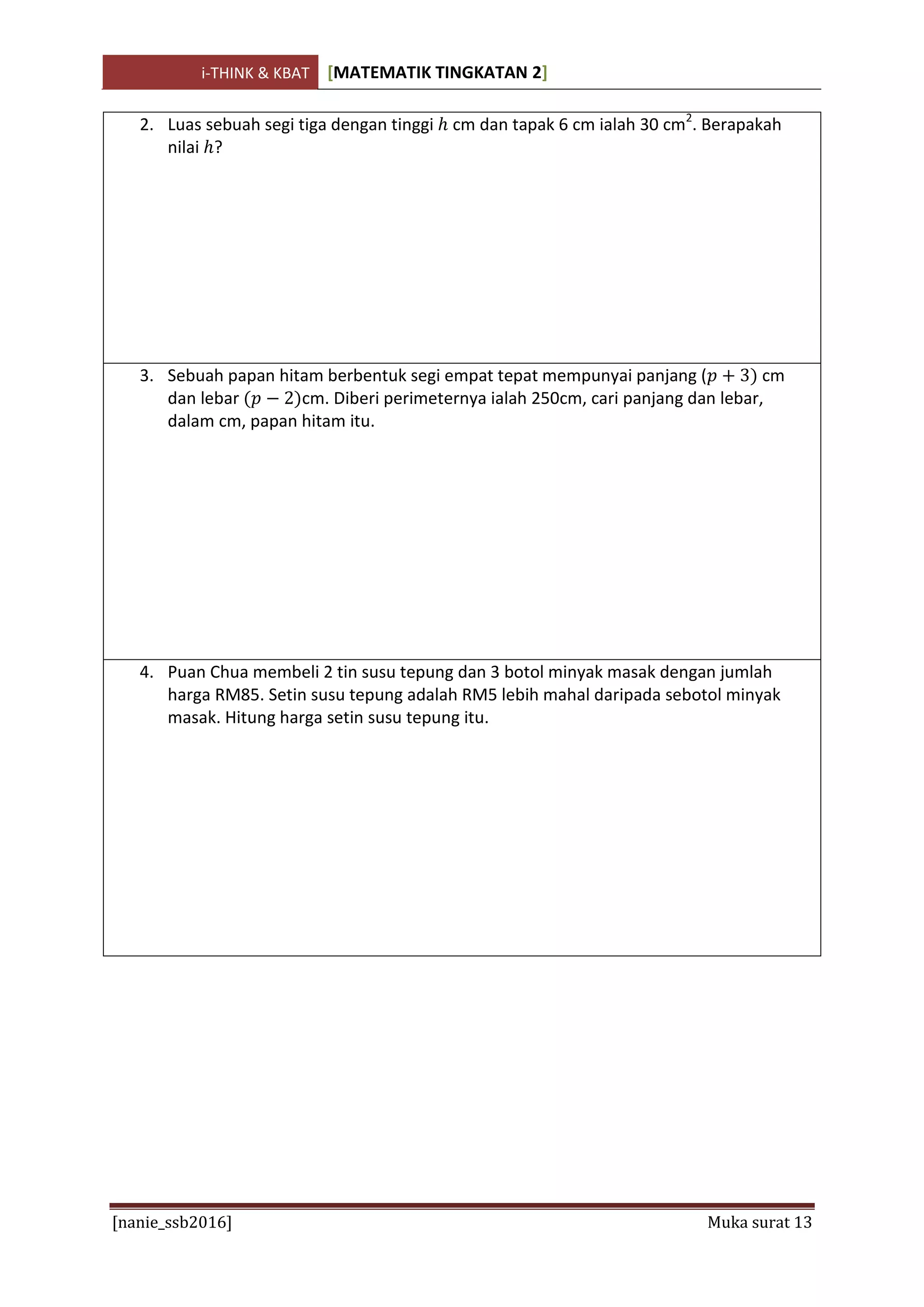 Latihan Ithink and kbat math form 2 | PDF