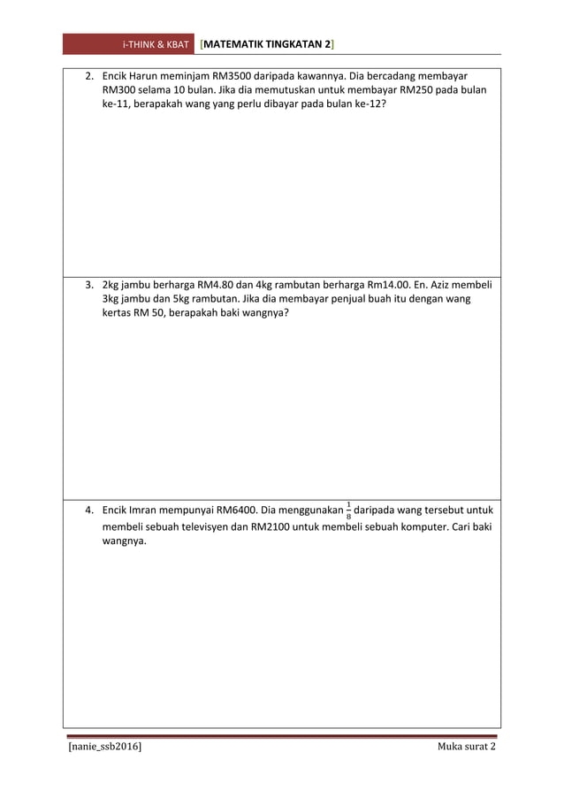 Latihan Ithink and kbat math form 2 | PDF