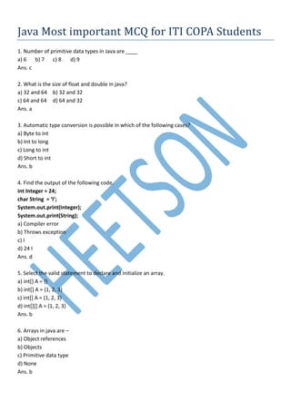ITI COPA Java MCQ important Questions and Answers | PDF