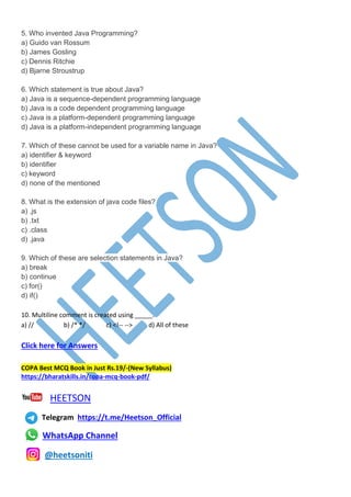 ITI COPA Java MCQ important Questions and Answers | PDF