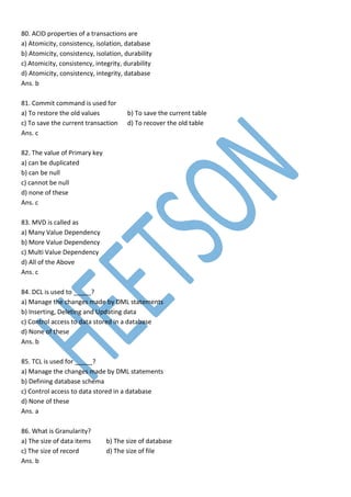 ITI COPA MySQL MCQ Database Concept (DBMS) | PDF